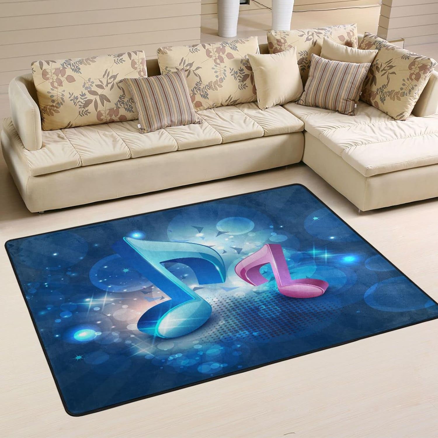 SKYSONIC 72x48in 3D Musical Notes Shiny Blue Area Rug, Non-Slip Floor ...