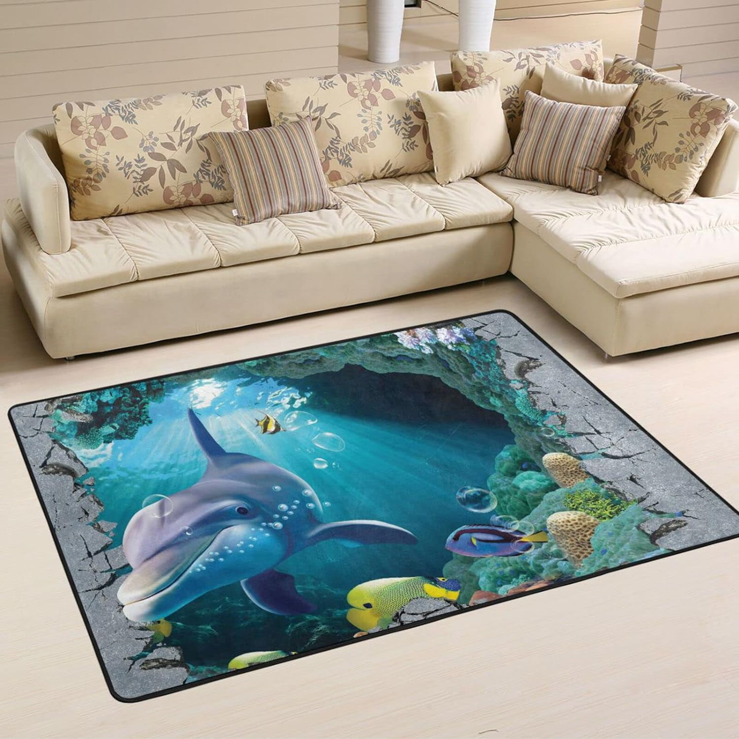 SKYSONIC 72x48in 3D Underwater Dolphin Area Rug, Broken Wall Fish Non ...