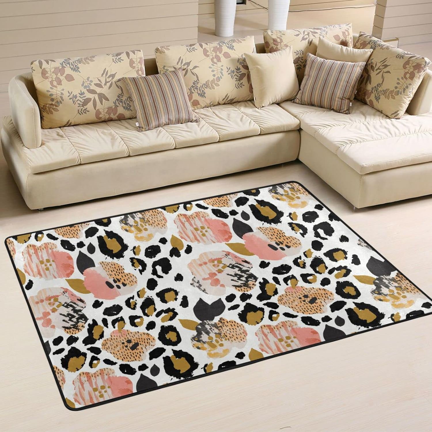 SKYSONIC 72x48in Abstract Floral Leopard Print Area Rug, Watercolor ...
