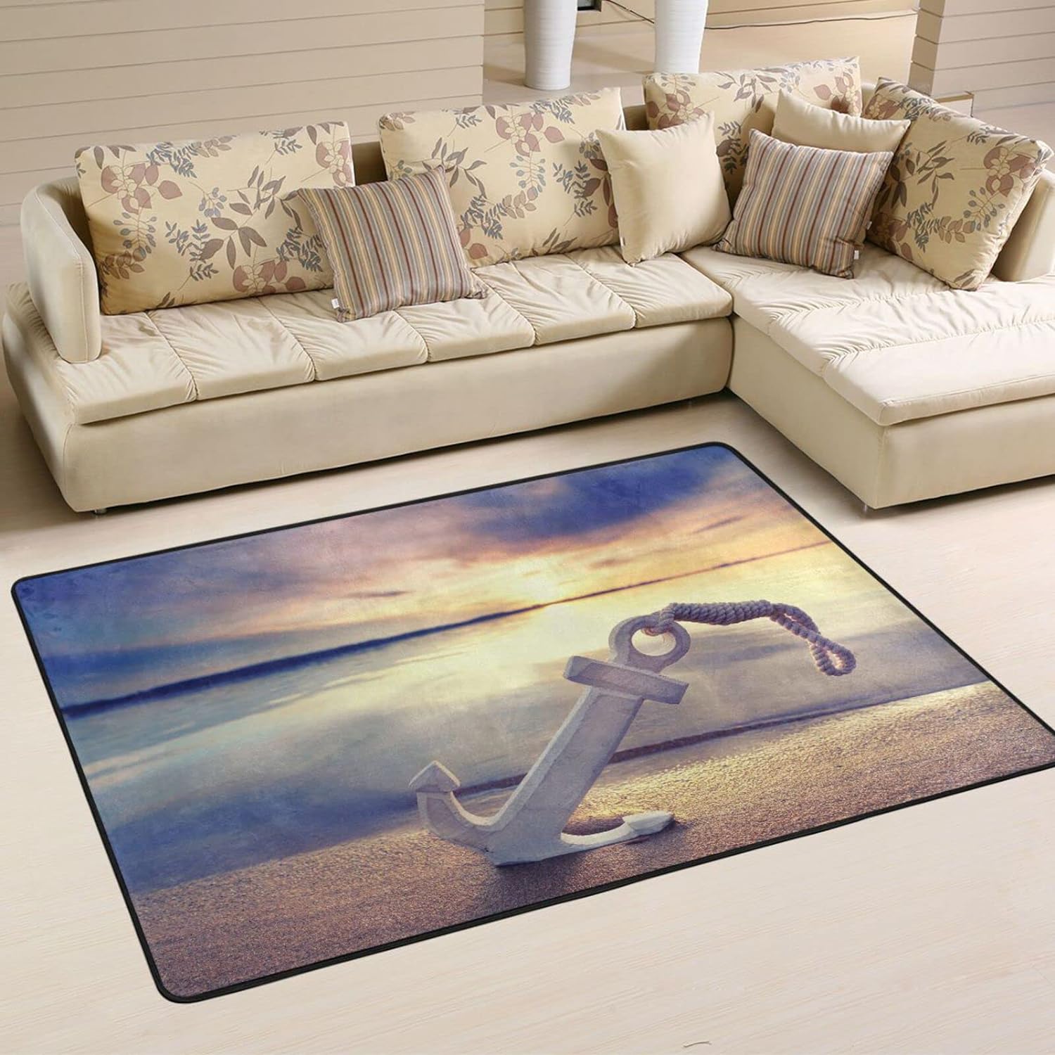 SKYSONIC 72x48in Anchor Sunset Beach Area Rug, Summer Seaside Non-Slip ...