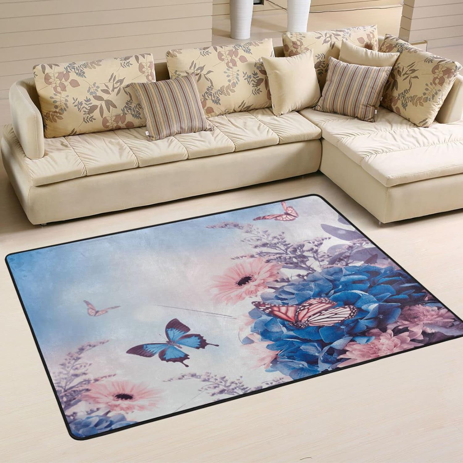 SKYSONIC 72x48in Blue Hydrangeas Butterfly Area Rug, Spring Summer ...