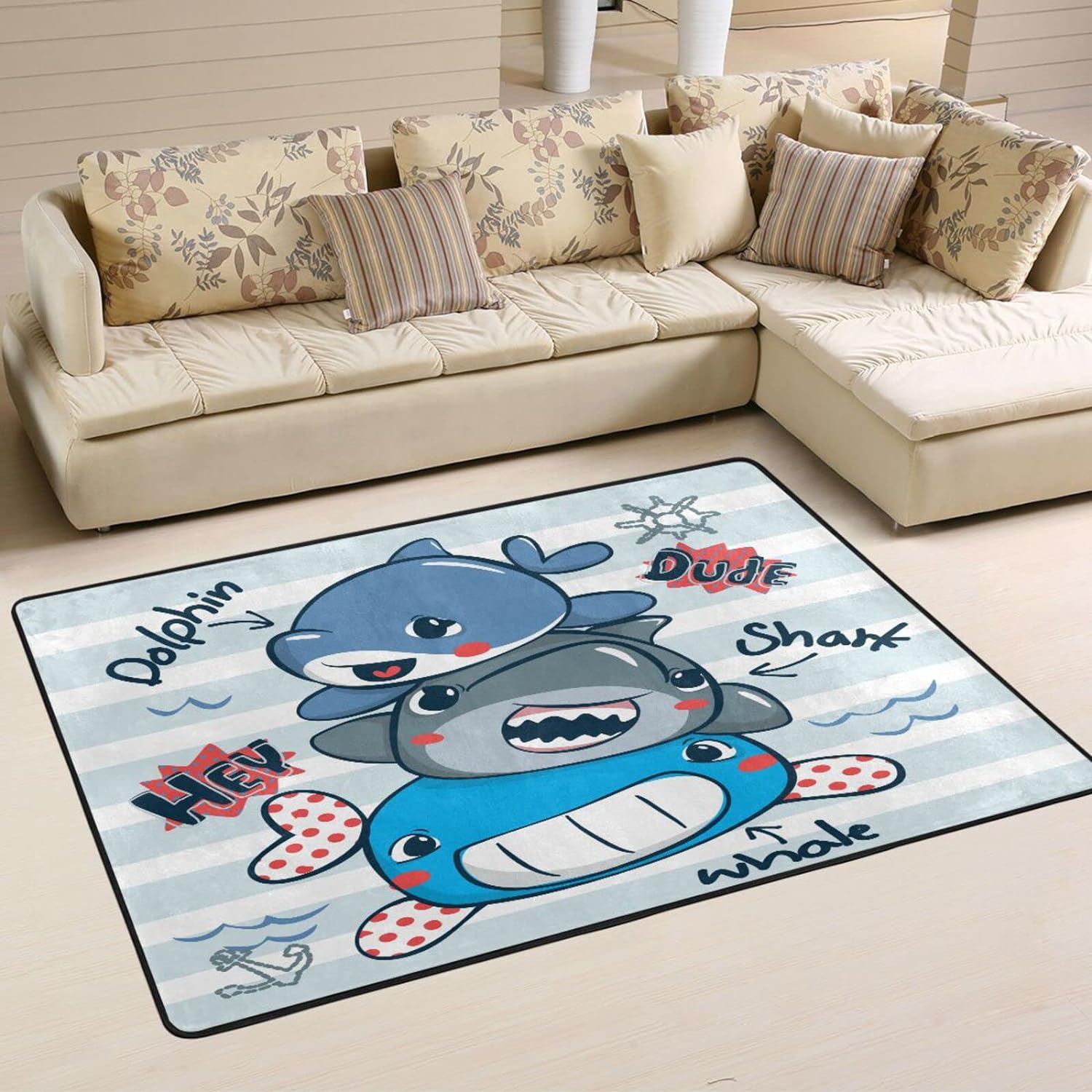 SKYSONIC 72x48in Cute Baby Shark Area Rug, Dolphin Whale Non-Slip Floor ...