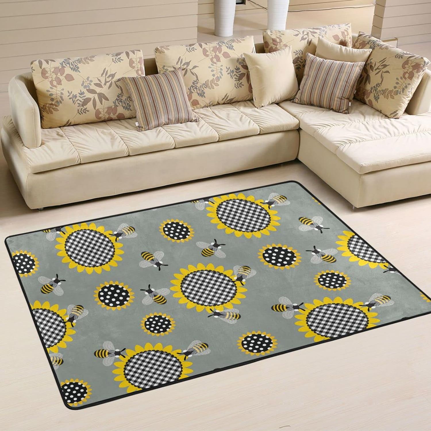 SKYSONIC 72x48in Cute Bees Sunflower Area Rug, Unique Floral Lattice ...