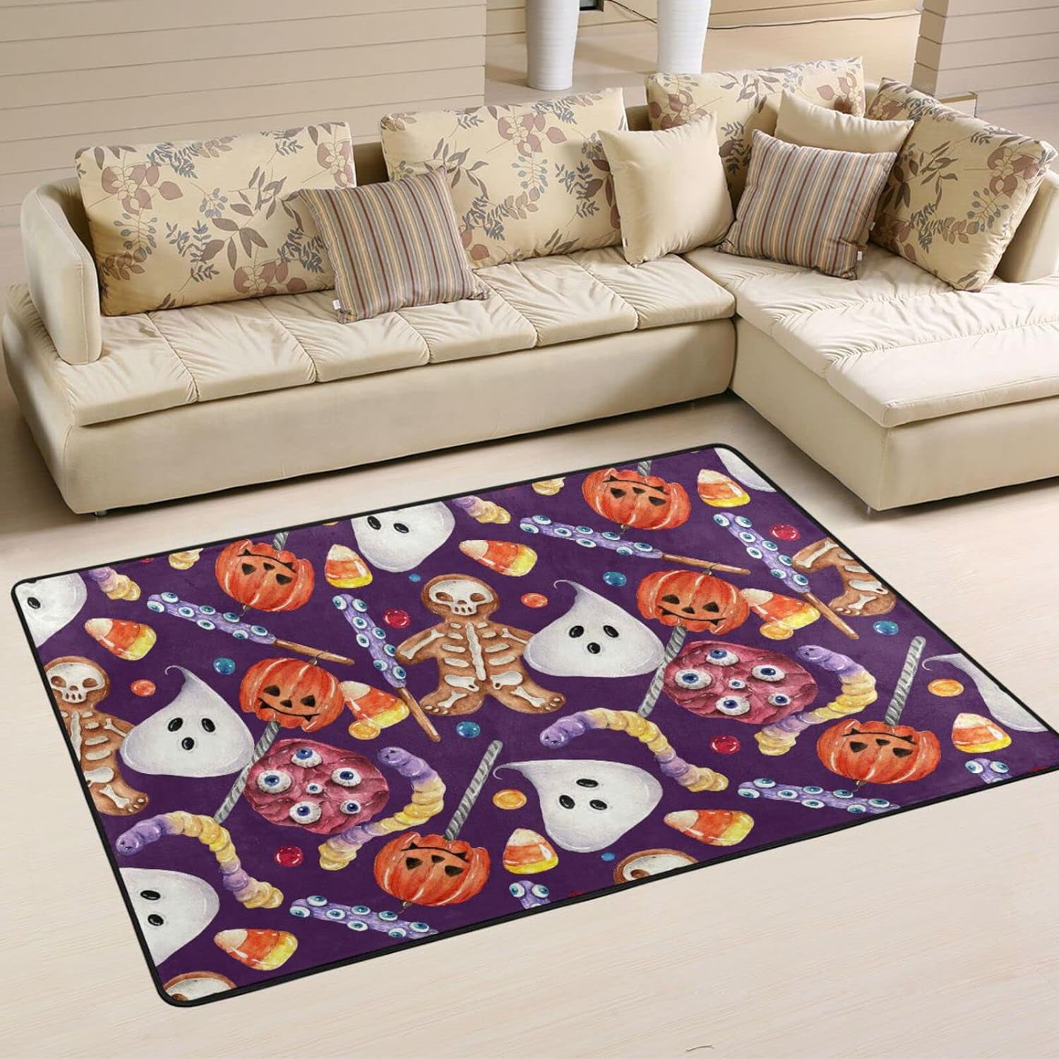 SKYSONIC 72x48in Cute Halloween Sweets Area Rug, Colorful Candies Non ...