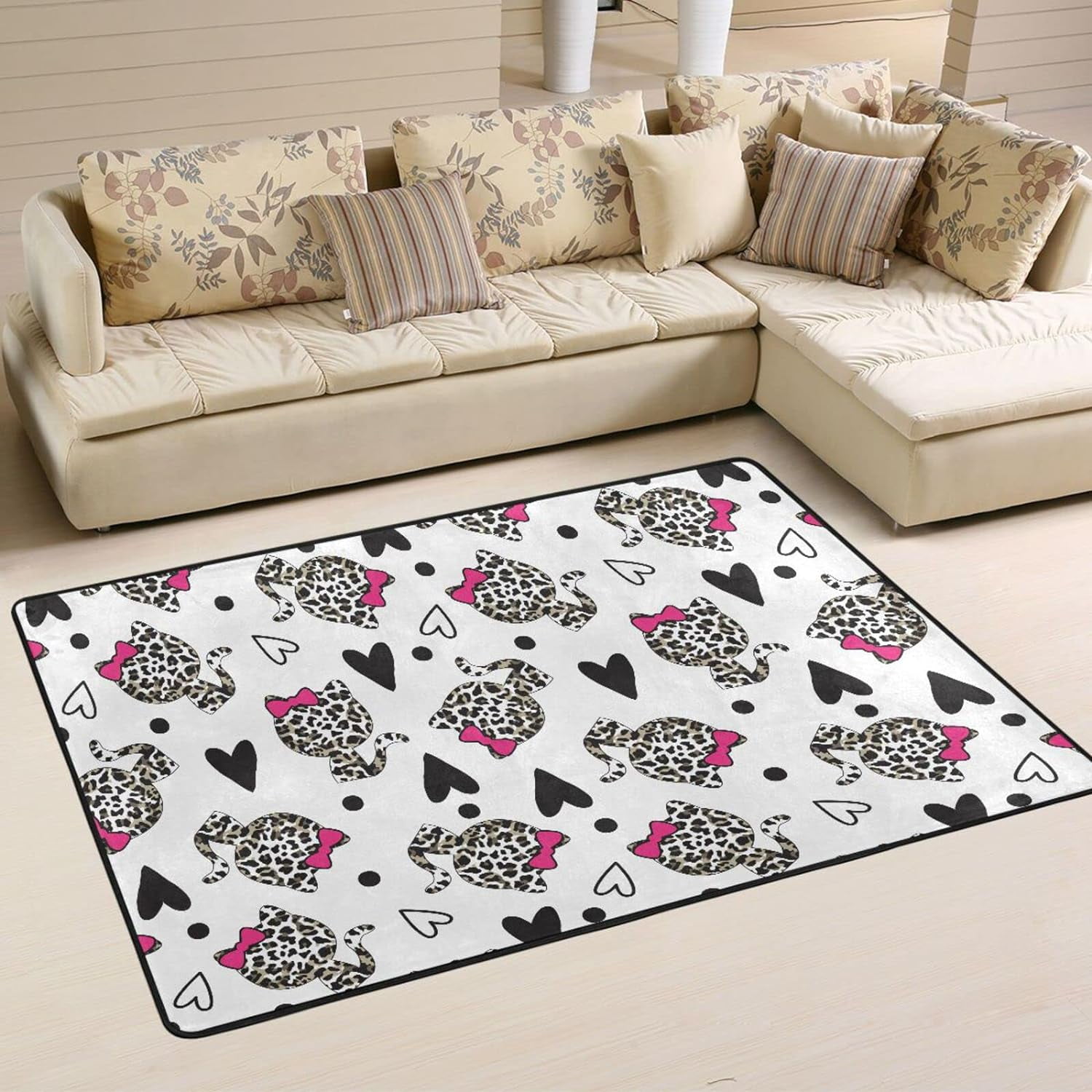 SKYSONIC 72x48in Cute Leopard Cats Area Rug, Black White Heart Floor ...