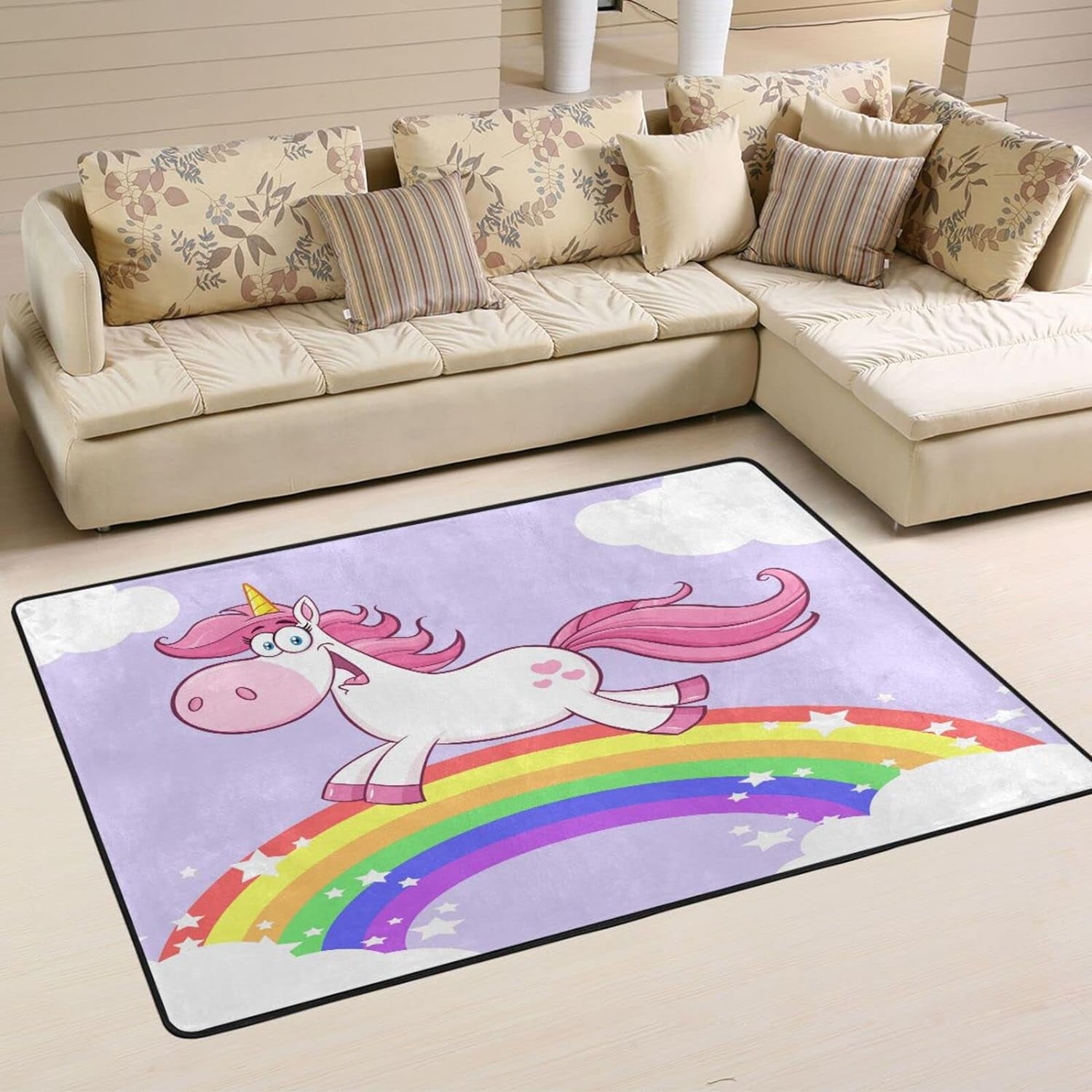 SKYSONIC 72x48in Cute Magic Unicorn Cartoon Area Rug, Rainbow Clouds ...