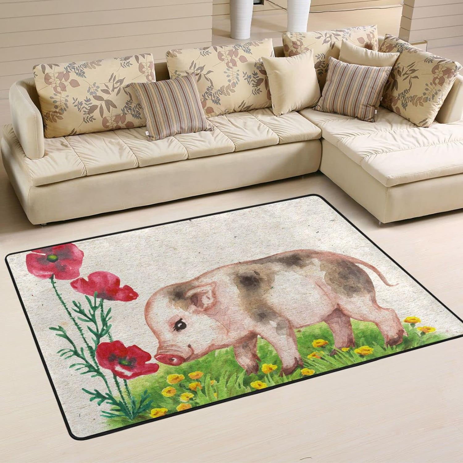 SKYSONIC 72x48in Cute Pig Area Rug, Red Poppy Floor Carpet for Indoor ...