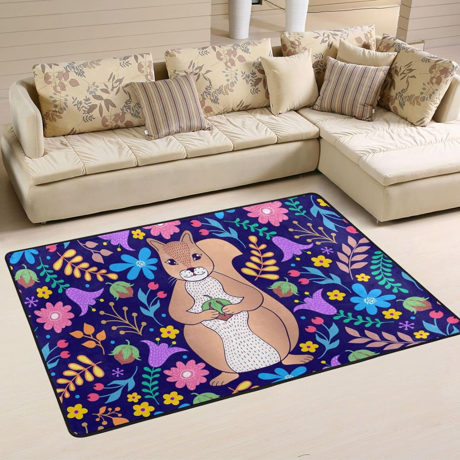 SKYSONIC 72×48in Cute Squirrel Fall Area Rug, Abstract Flowers Leaves ...
