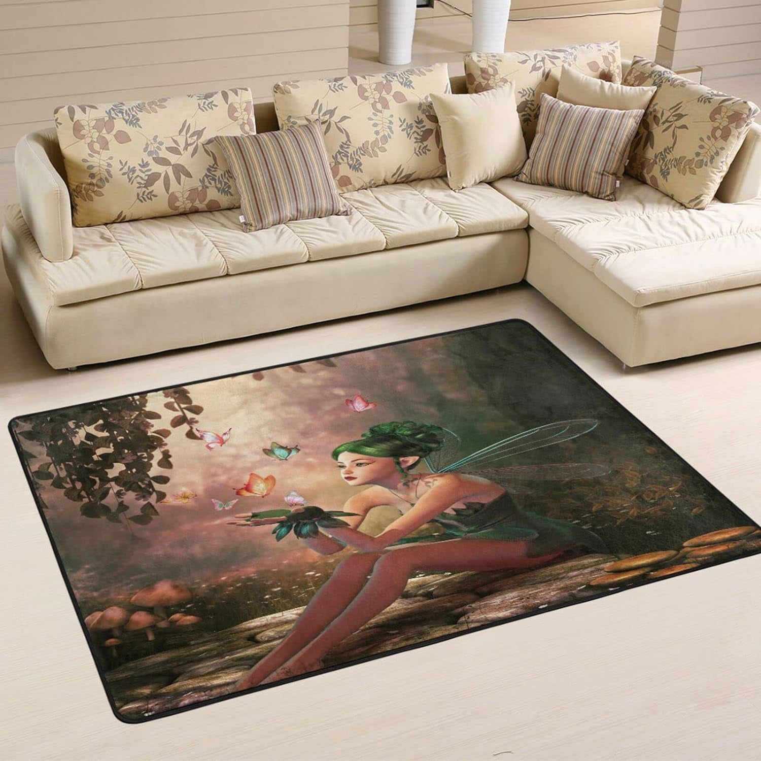 SKYSONIC 72x48in Fairy Girl Area Rug, Butterflies Forest Floor Carpet ...
