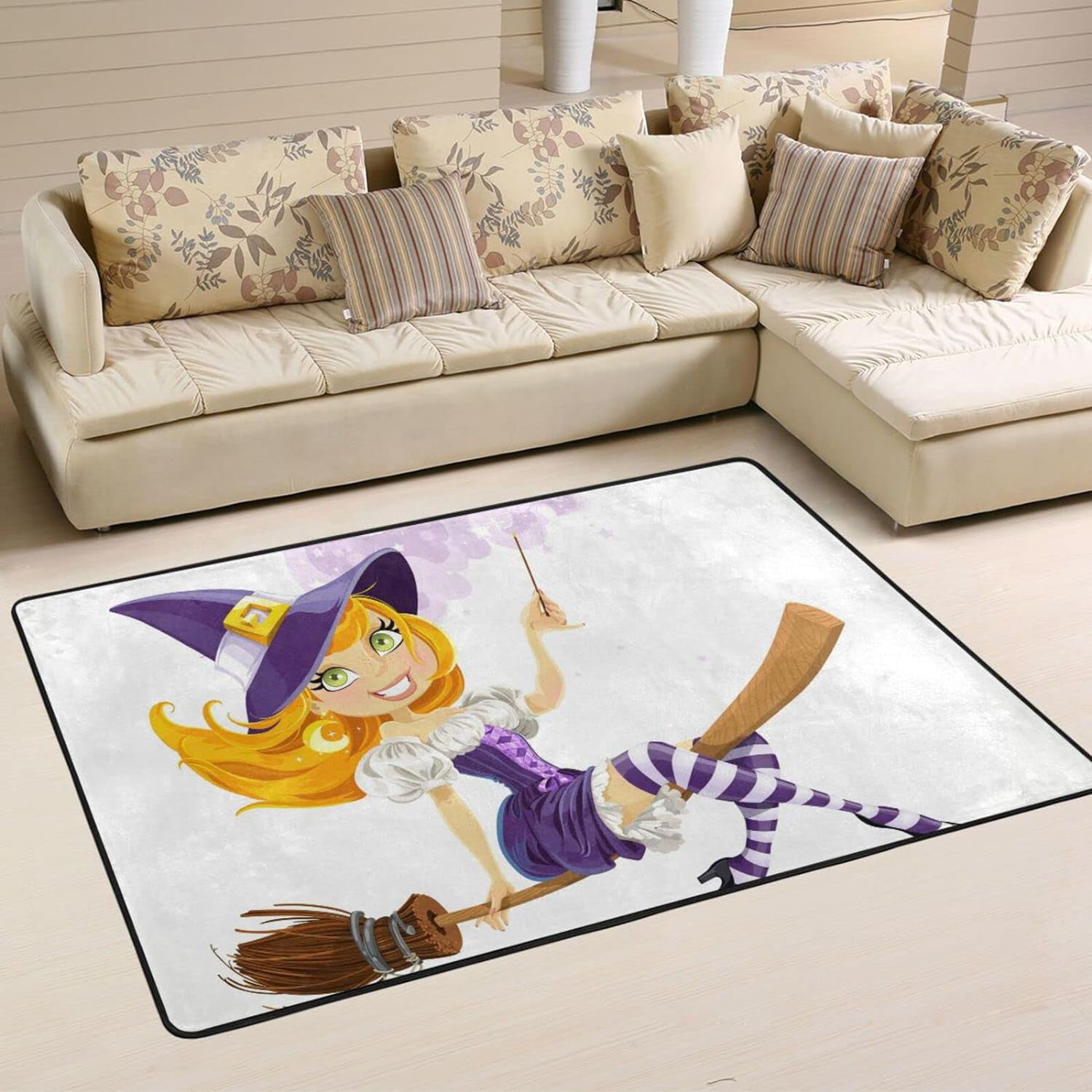 SKYSONIC 72x48in Halloween Cute Witch Area Rug, Magic Broom Non-Slip ...