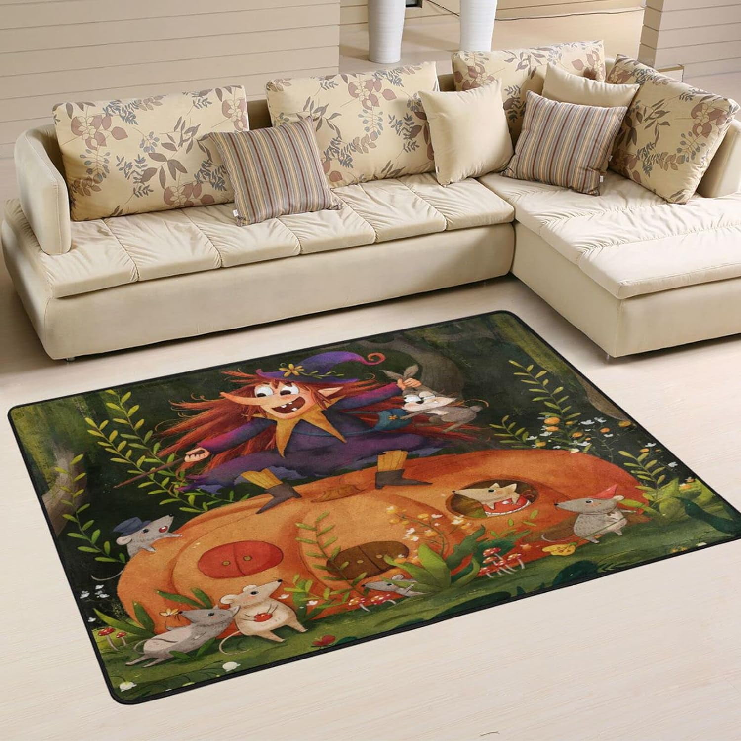 SKYSONIC 72×48in Halloween Magic Witch Area Rug, Mice Pumpkin House Non ...