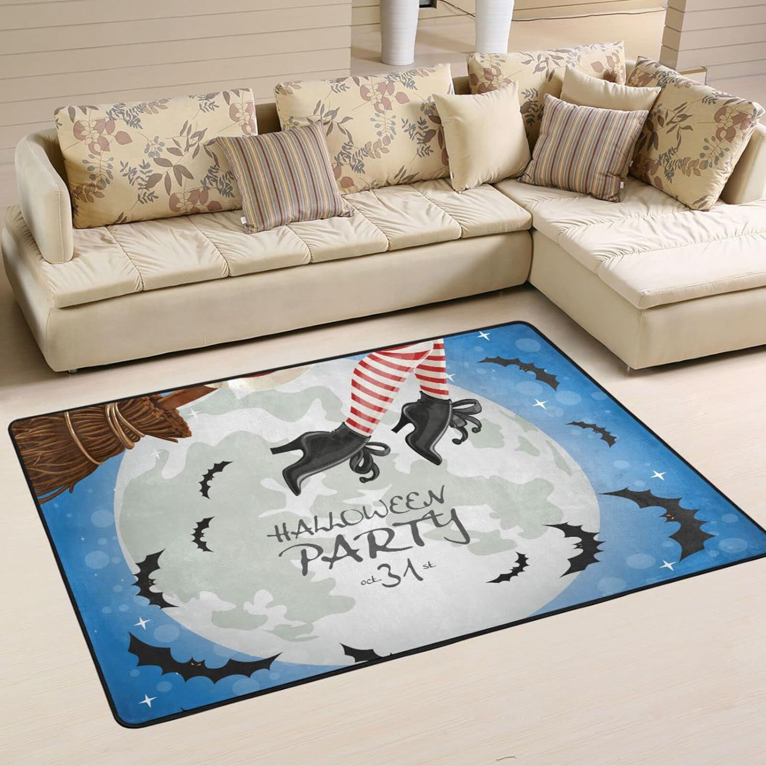 SKYSONIC 72x48in Halloween Witch Feet Area Rug, Bat Full Moon Non-Slip ...