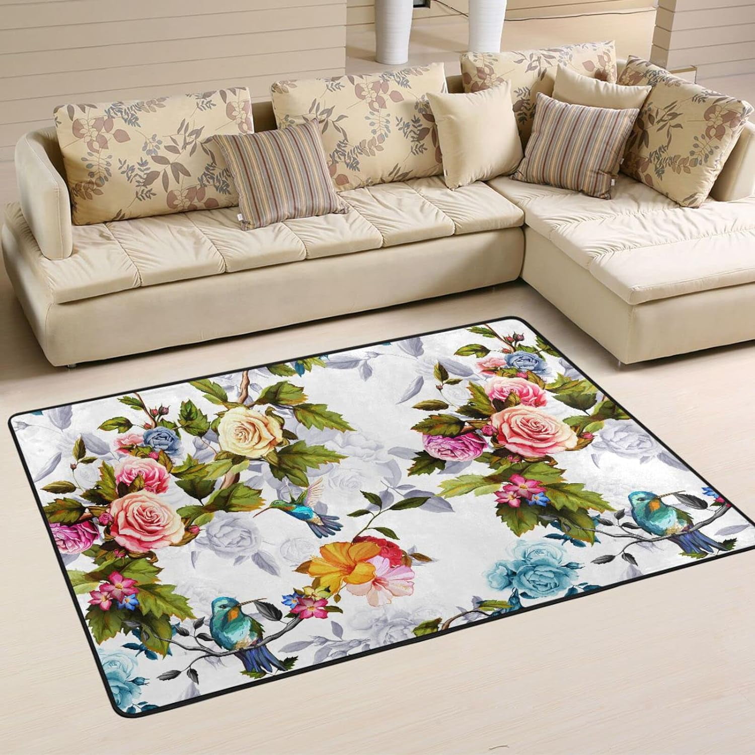 SKYSONIC 72x48in Hummingbird Flowers Area Rug, Spring Leaves Watercolor ...