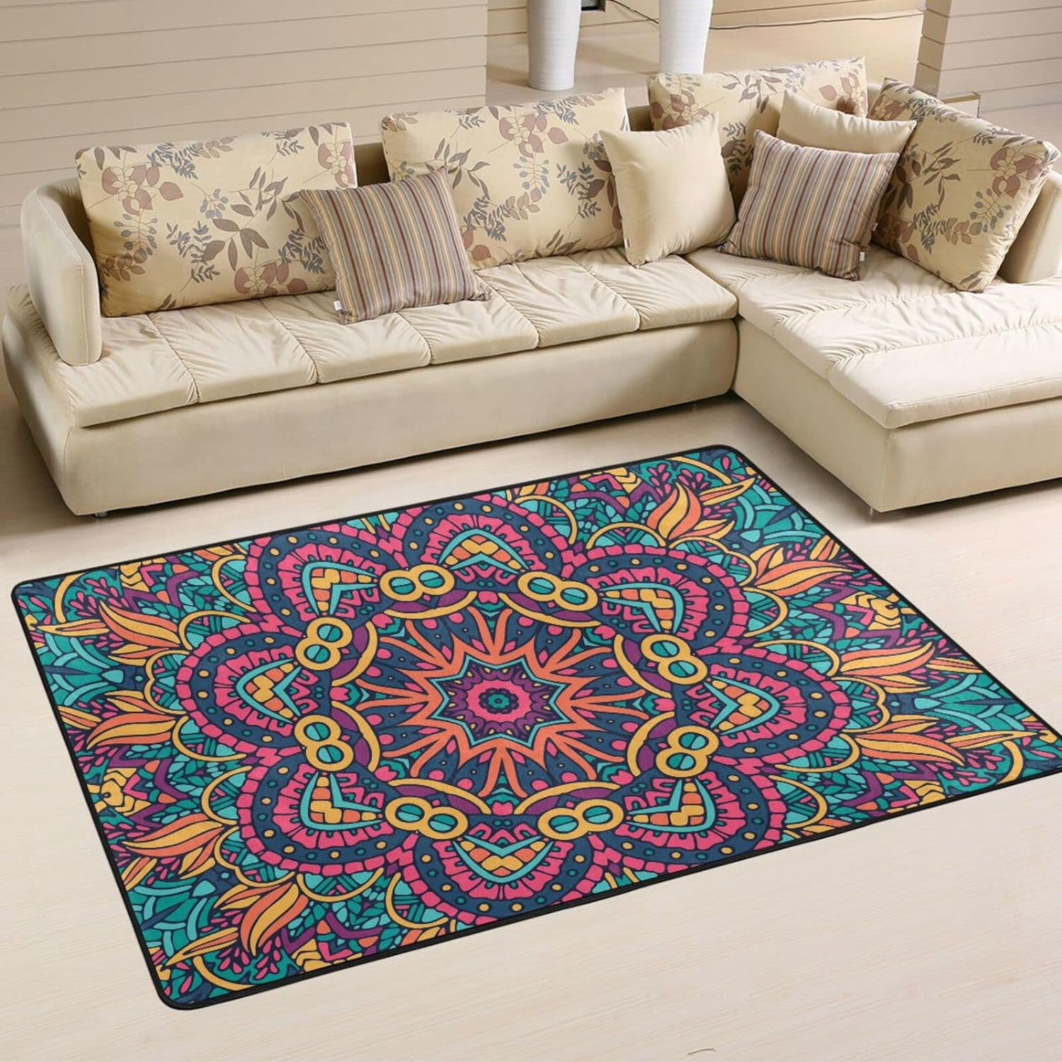 SKYSONIC 72x48in Mandala Boho Style Area Rug, Mexica Ornaments Floor ...