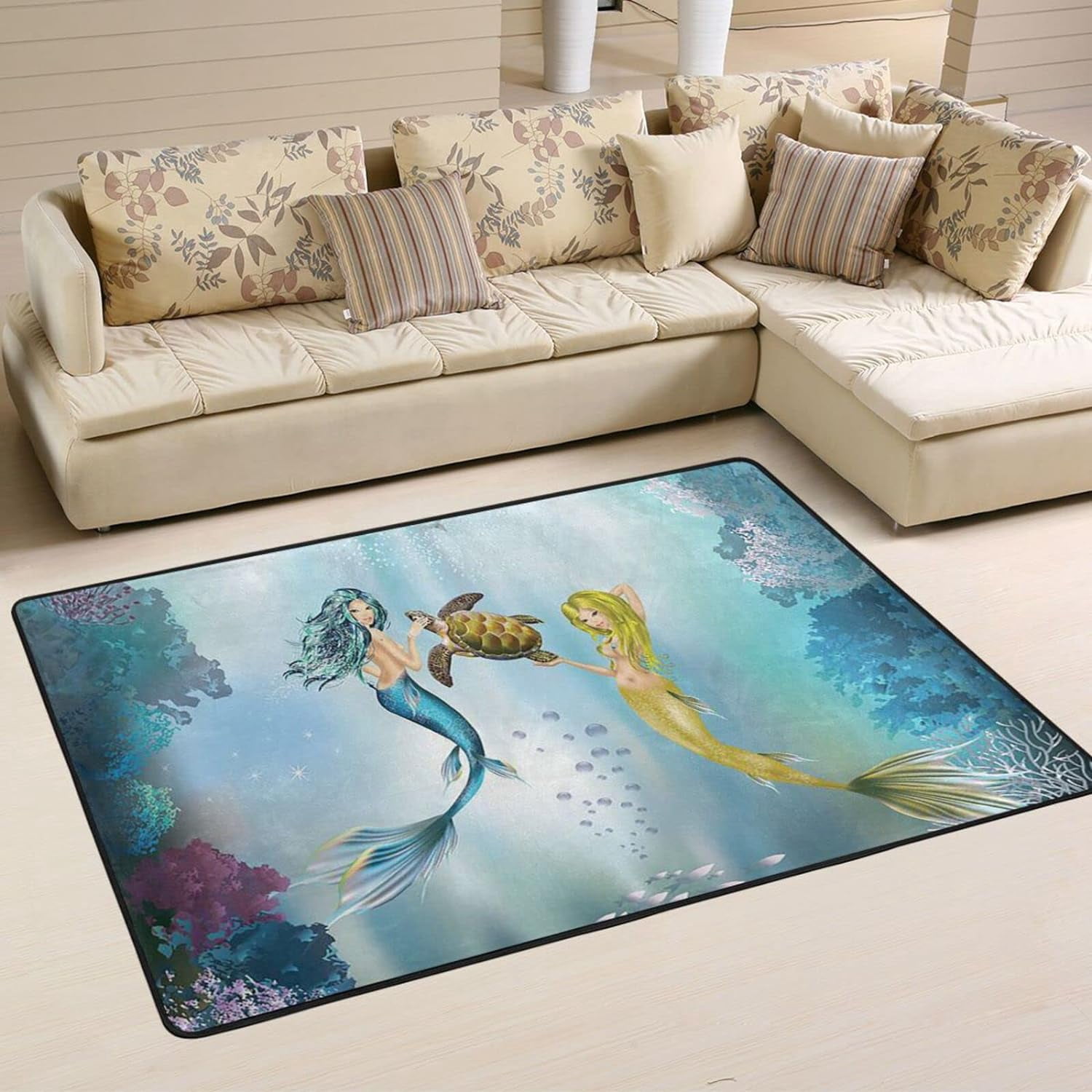 SKYSONIC 72x48in Mermaids Dolphins Turtle Area Rug, Sea Underwater ...