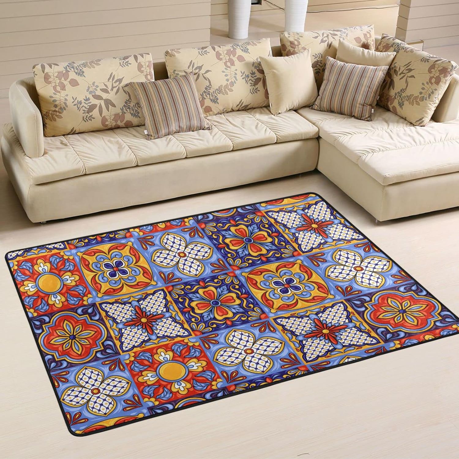 SKYSONIC 72x48in Mexican Talavera Style Area Rug, Ethnic Folk Art Floor ...