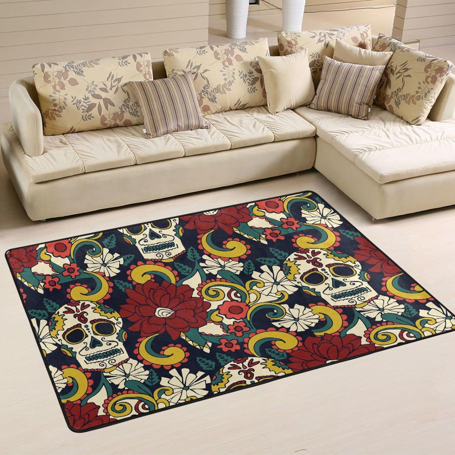 SKYSONIC 72x48in Mexico Floral Skull Area Rug, Ethnic Flower Non-Slip ...