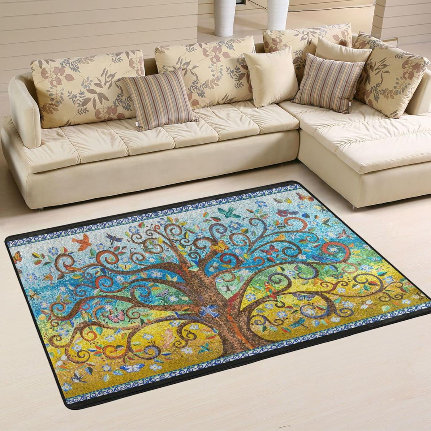 SKYSONIC 72x48in Mosaic Tiles Area Rug, Tree of Life Floor Carpet for ...