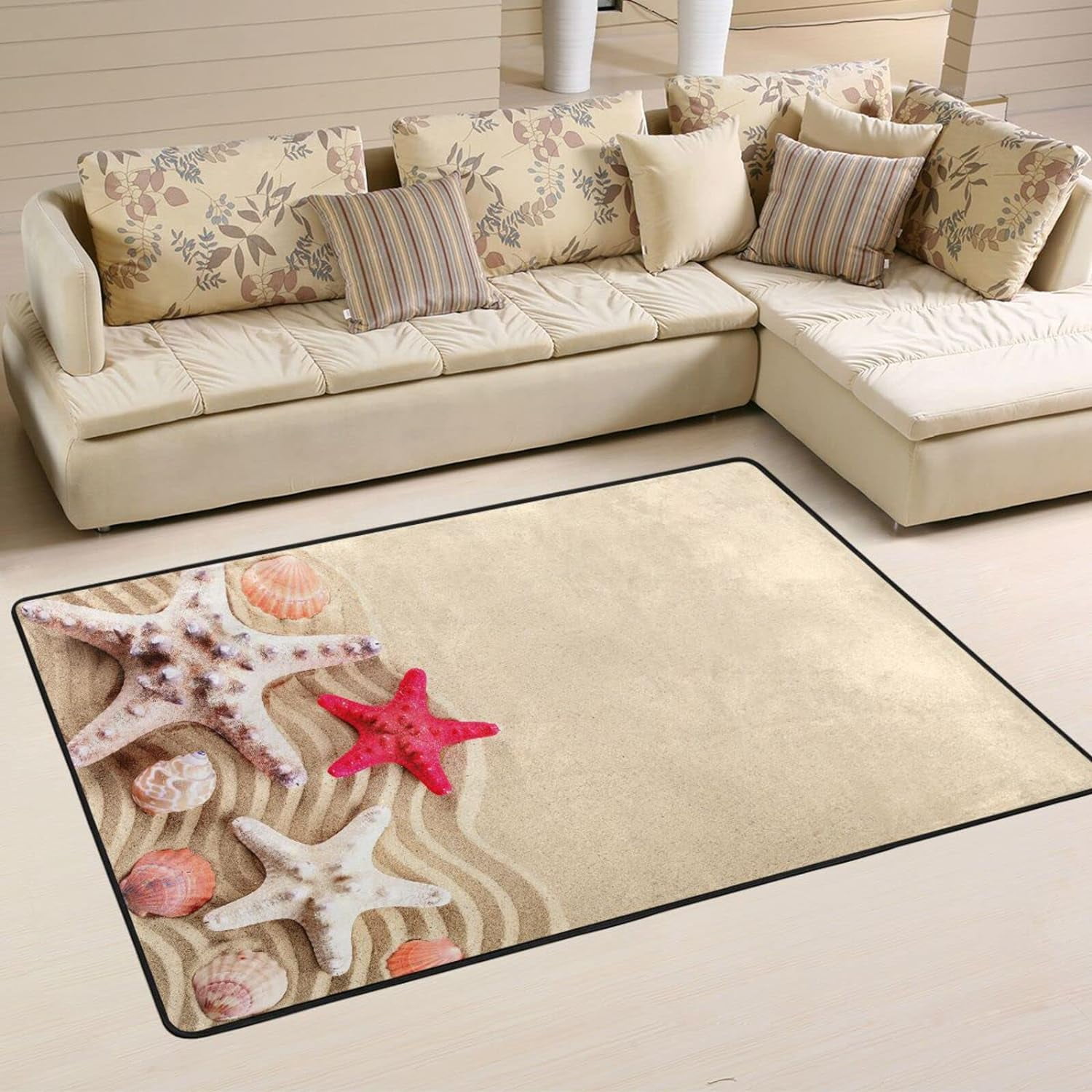 SKYSONIC 72x48in Nautical Sandy Beach Area Rug, Seaside Starfish ...