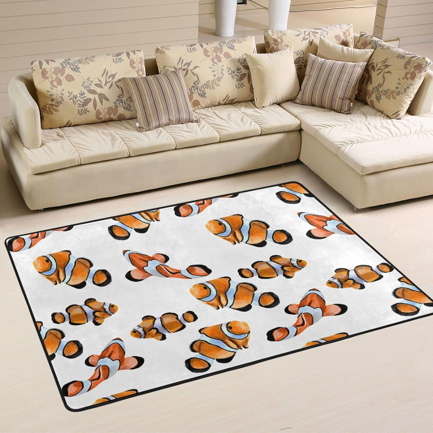 SKYSONIC 72x48in Orange Clown Fish Area Rug, Watercolor Marine Life Non-Slip Floor Carpet for ...