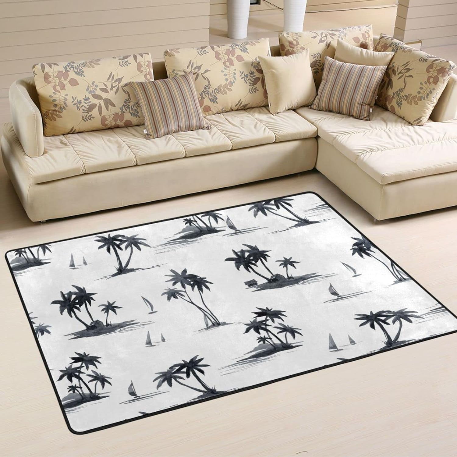 SKYSONIC 72x48in Palm Trees Boats Area Rug, Black and White Plants Non ...