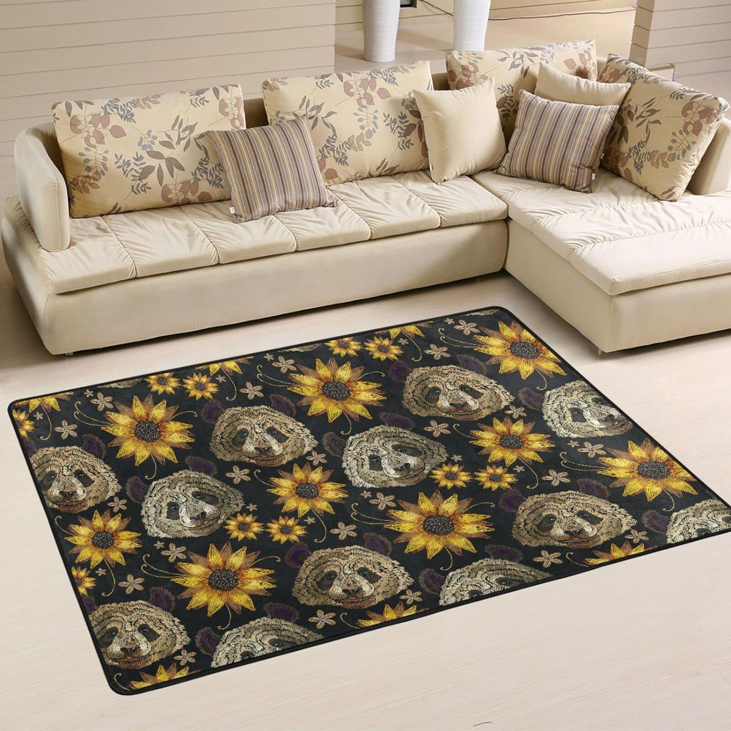 SKYSONIC 72x48in Panda Head Cute Area Rug, Sunflowers Embroidery Unique ...