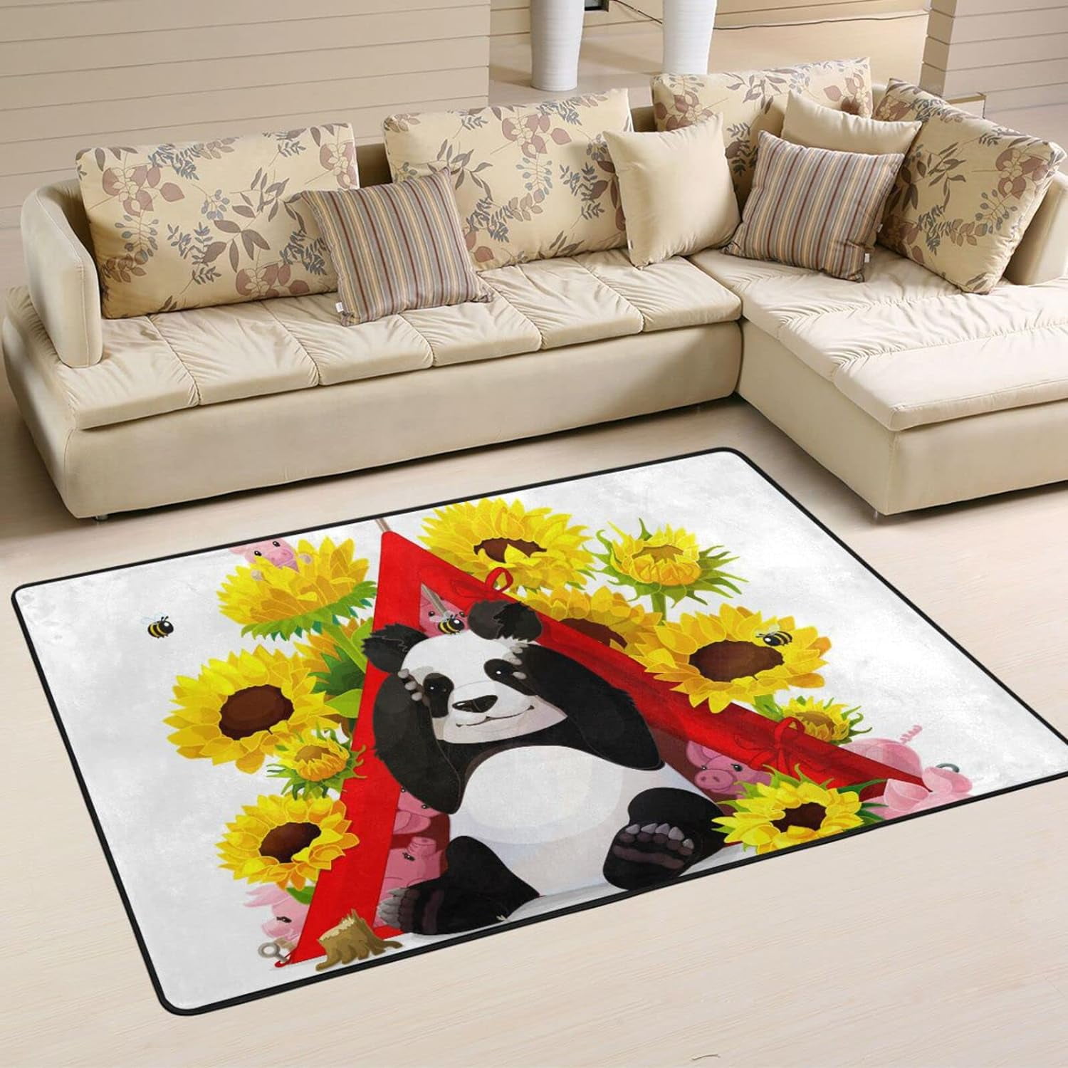 SKYSONIC 72x48in Panda Sunflowers Area Rug, Cute Little Pigs Non-Slip ...