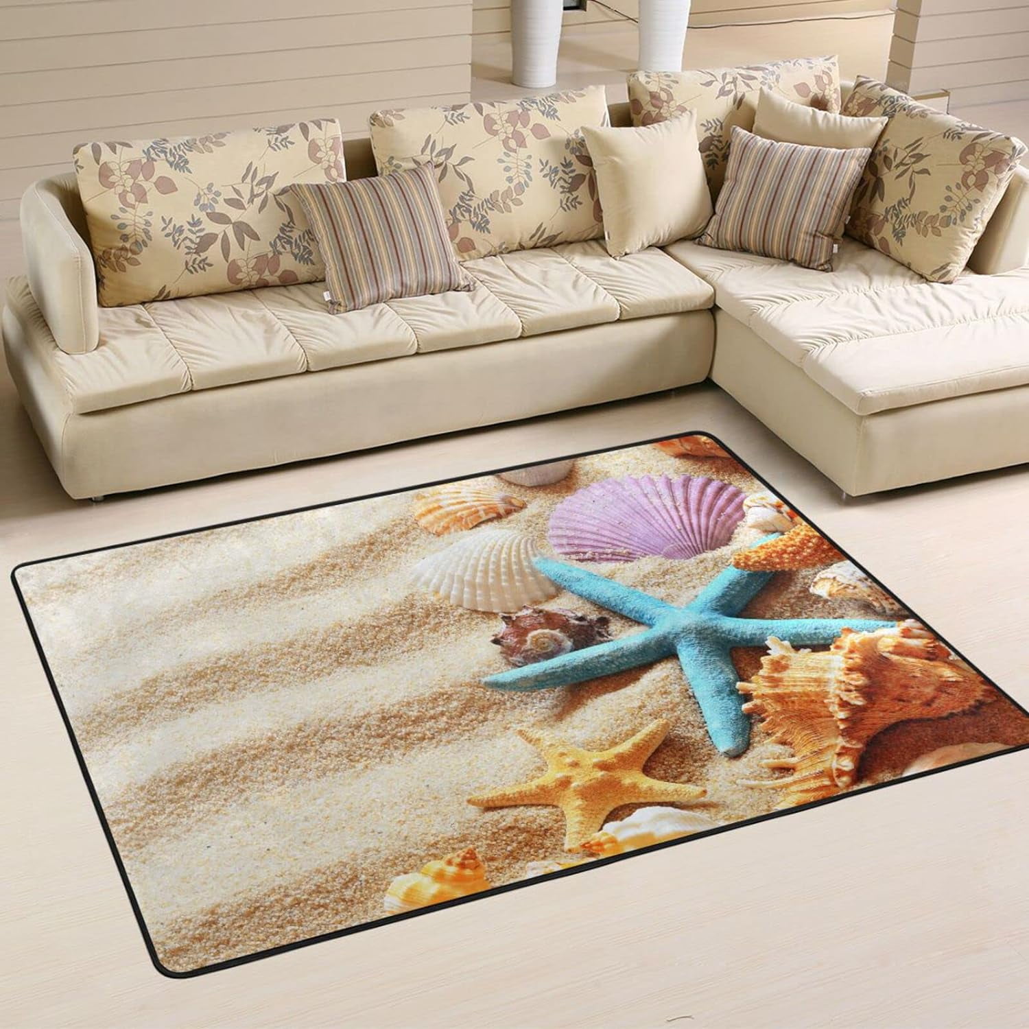 SKYSONIC 72x48in Sea Shells Starfishes Area Rug, Summer Sand Beach Non ...