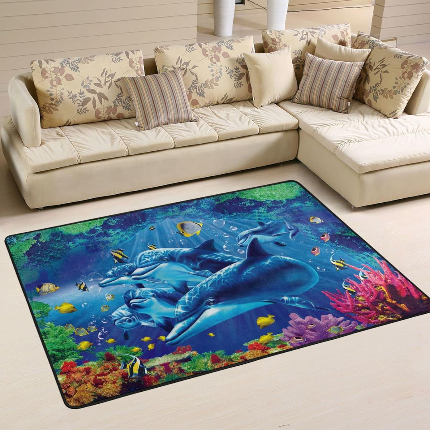 SKYSONIC 72x48in Seafish Dolphins Area Rug, Underwater Coral Reef Non ...