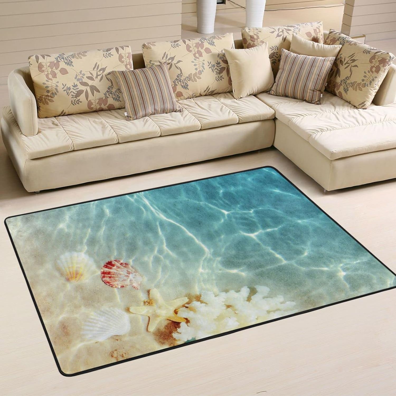 SKYSONIC 72x48in Seashell Conch Coral Starfish Area Rug, Seafloor Beach ...