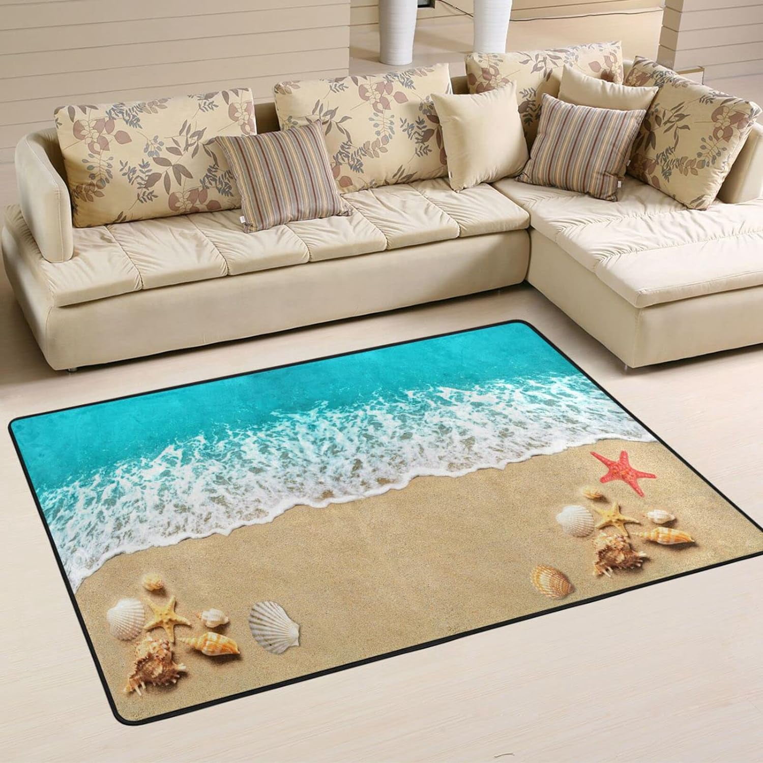 SKYSONIC 72x48in Soft Blue Ocean Wave Area Rug, Sandy Beach Non-Slip ...