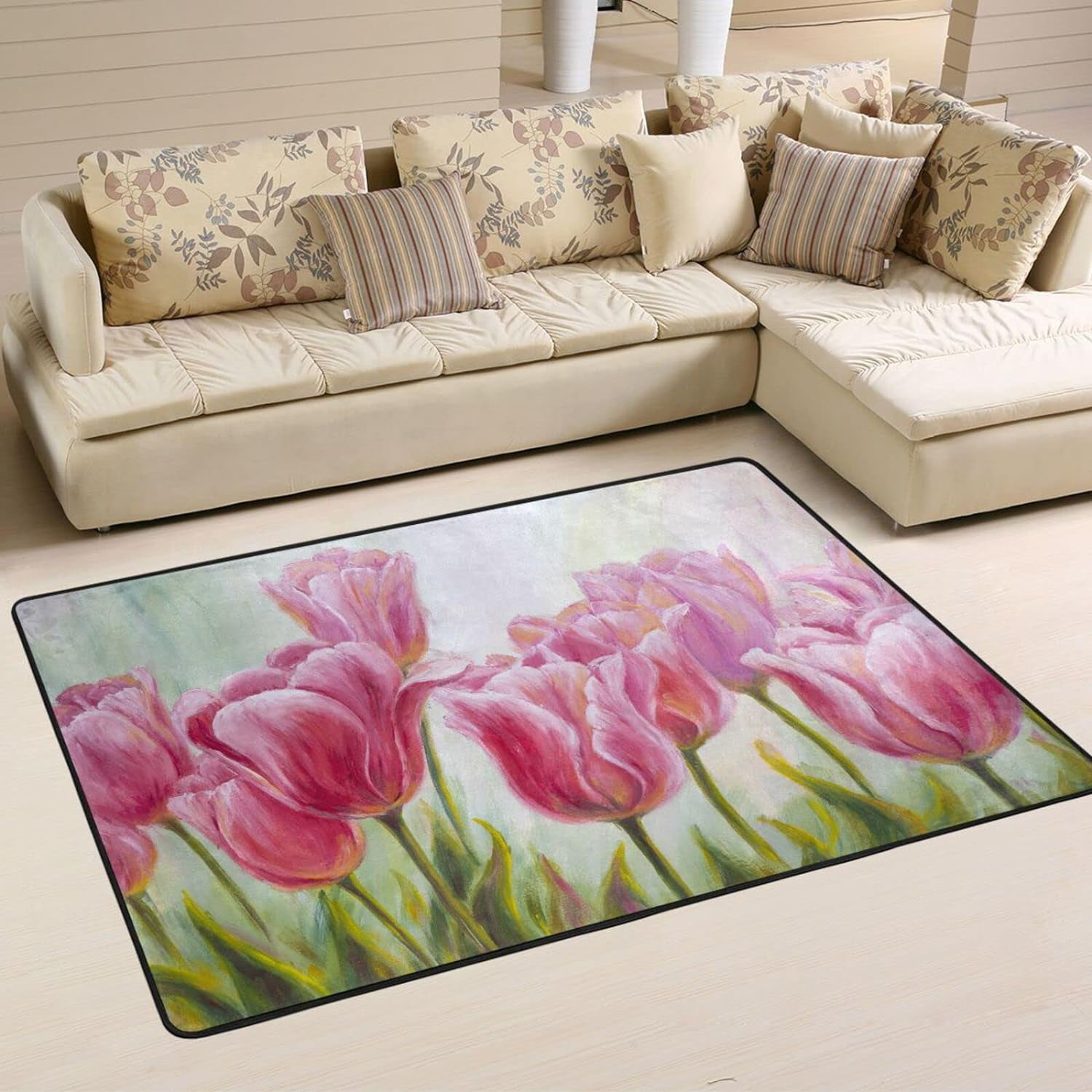 SKYSONIC 72x48in Spring Pink Tulips Area Rug, Bright Flower Non-Slip ...