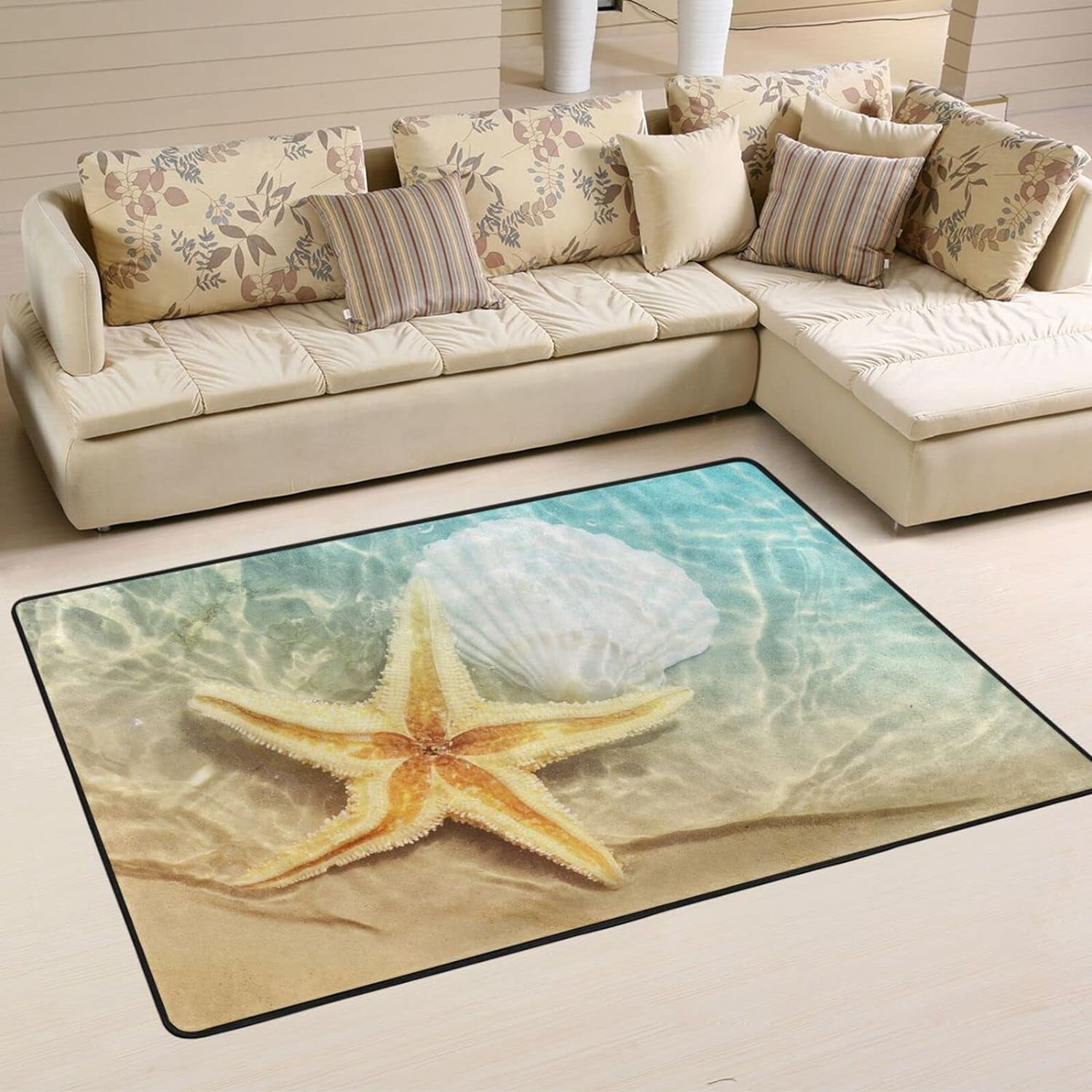 SKYSONIC 72x48in Starfish Seashell Sea Water Area Rug, Summer Yellow ...