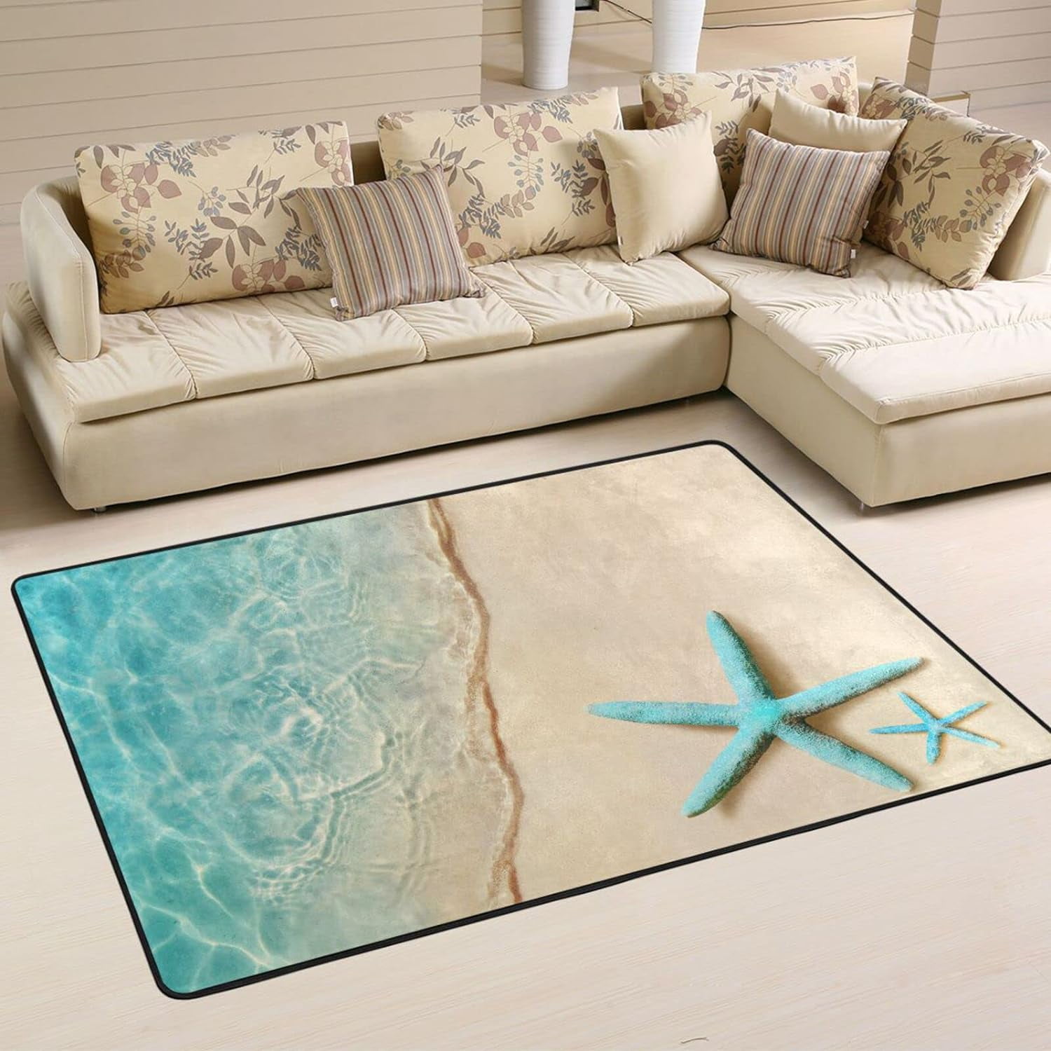 SKYSONIC 72x48in Starfish Summer Beach Area Rug, Blue Sea Wave Floor ...