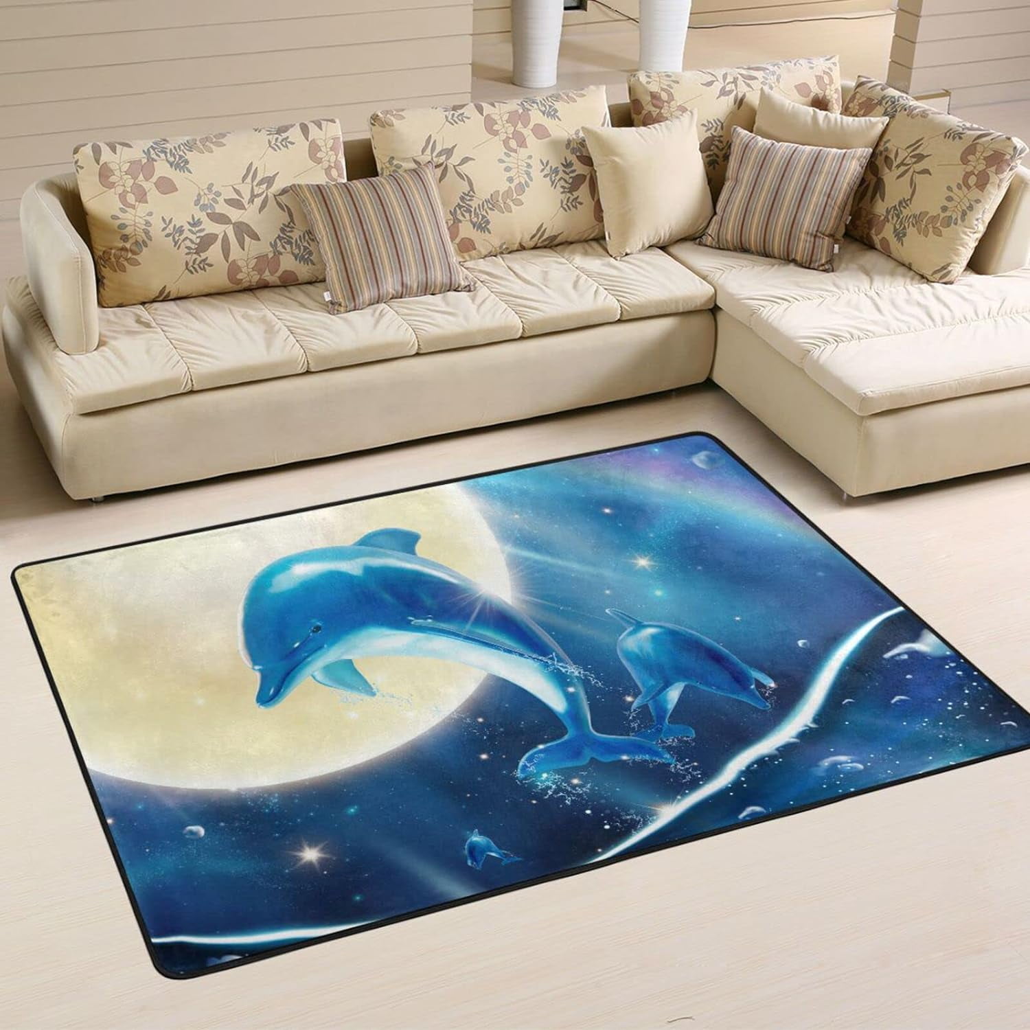 SKYSONIC 72x48in Summer Blue Dolphins Area Rug, Bottlenose Moon Light ...