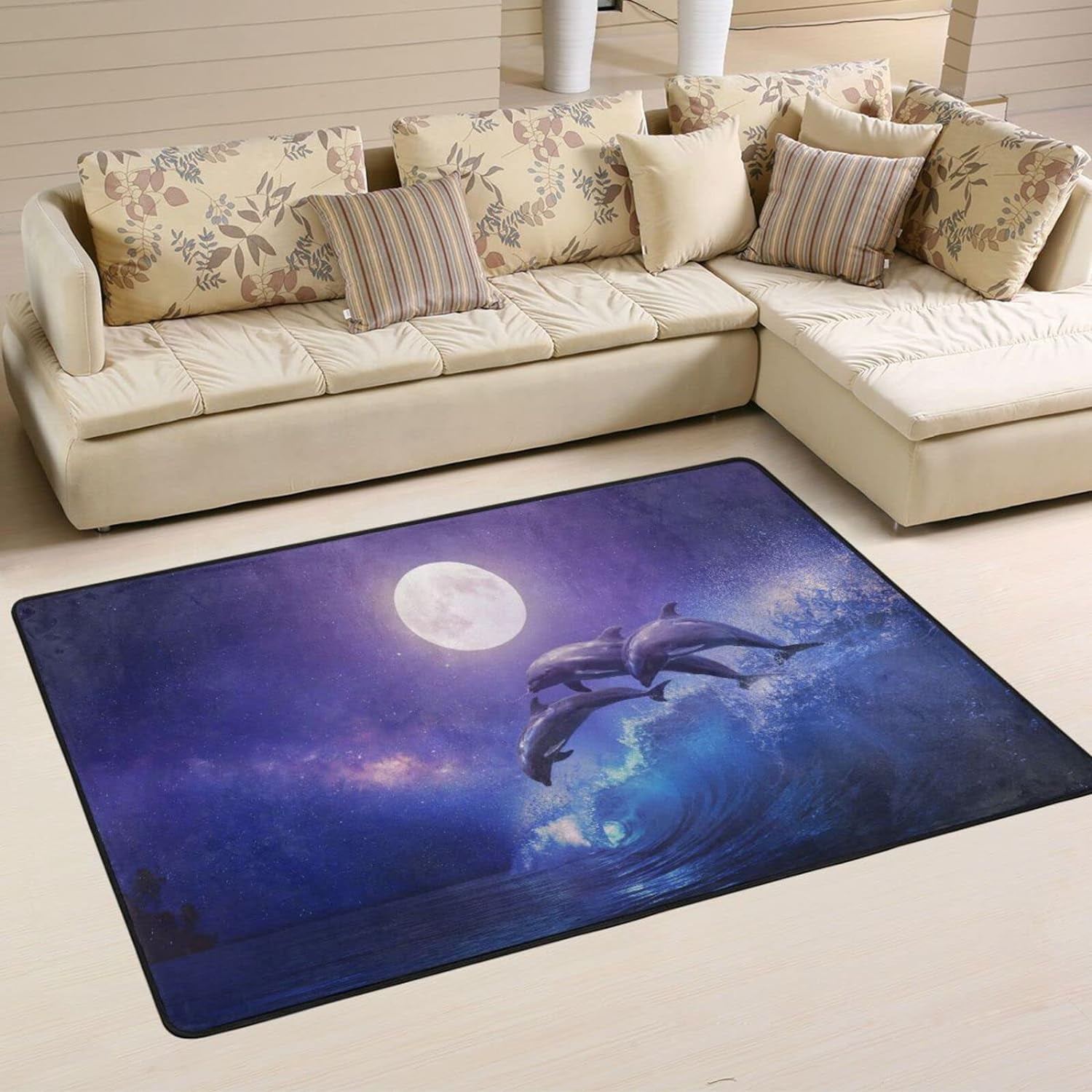 SKYSONIC 72x48in Summer Dolphins Sea Area Rug, Full Moon Ocean Night ...