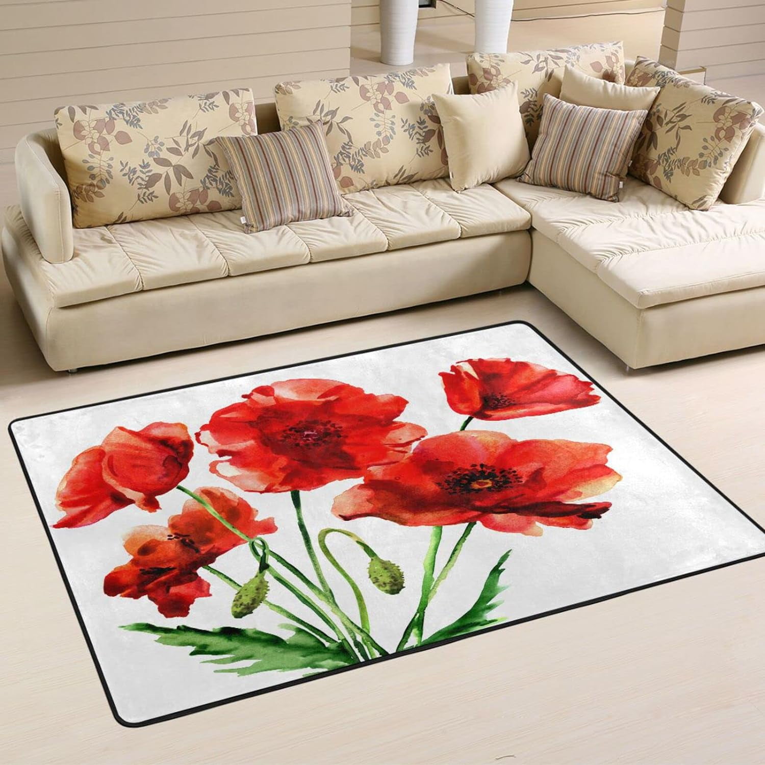 SKYSONIC 72x48in Summer Red Poppy Area Rug, Watercolor Floral Non-Slip ...