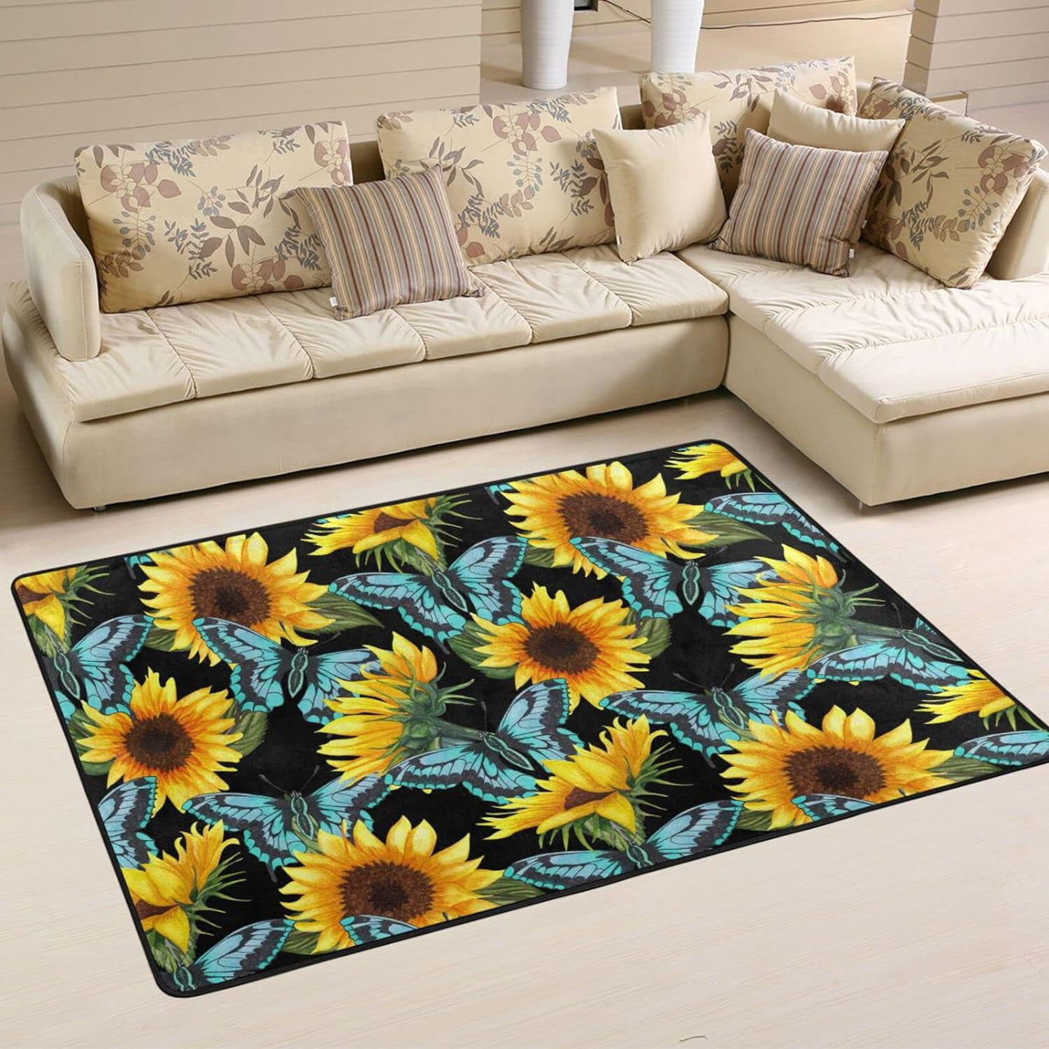 SKYSONIC 72x48in Sunflower Blue Butterfly Area Rug, Floor Carpet for ...
