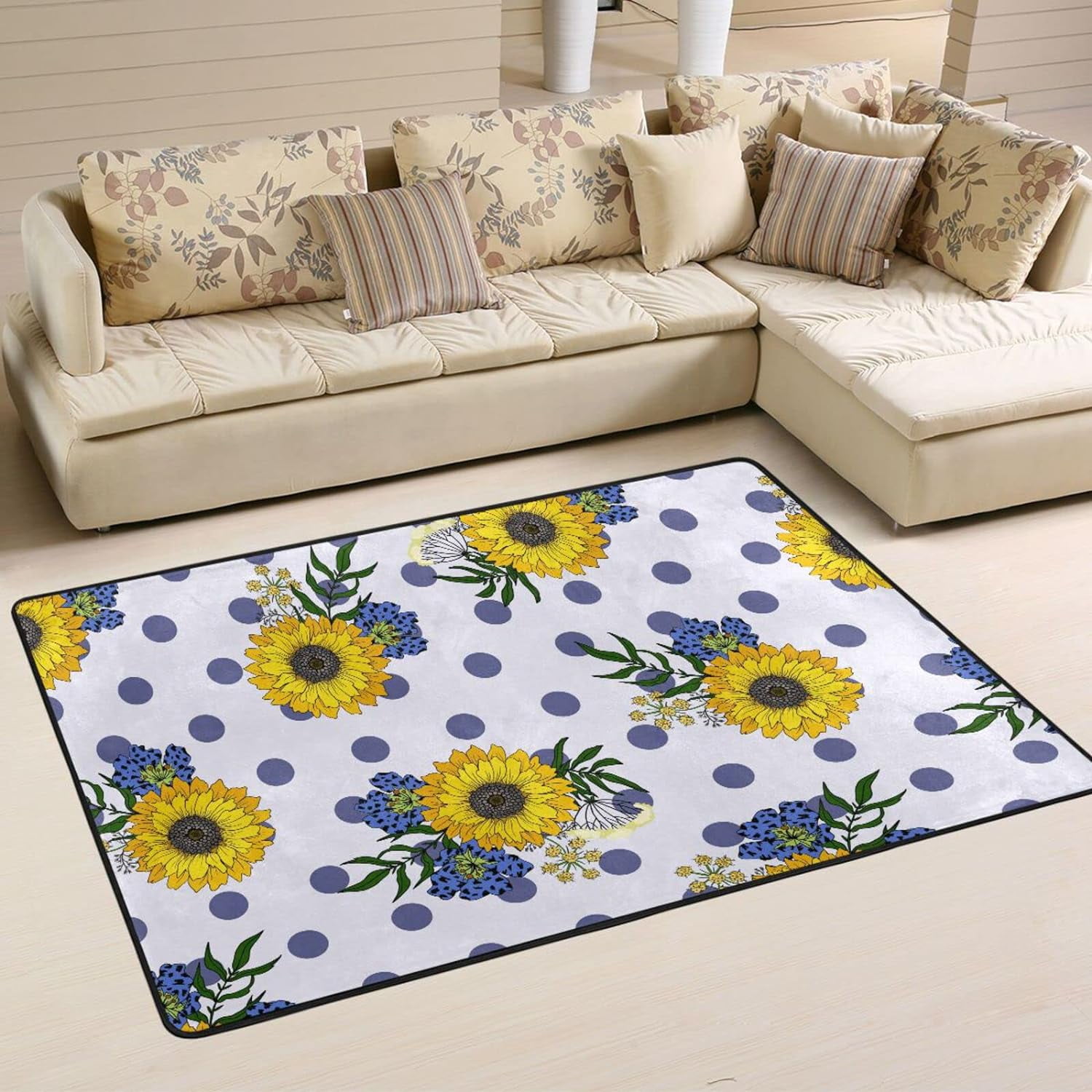 SKYSONIC 72x48in Sunflowers Wild Flowers Area Rug, Purple Spots Non ...