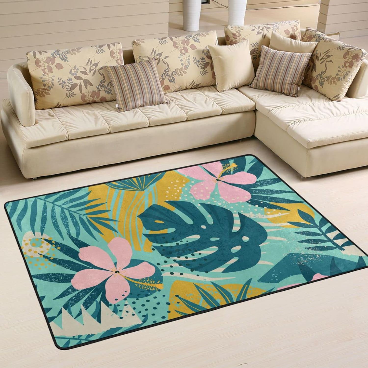 SKYSONIC 72x48in Tropical Abstract Leaf Area Rug, Summer Palm Leaves ...