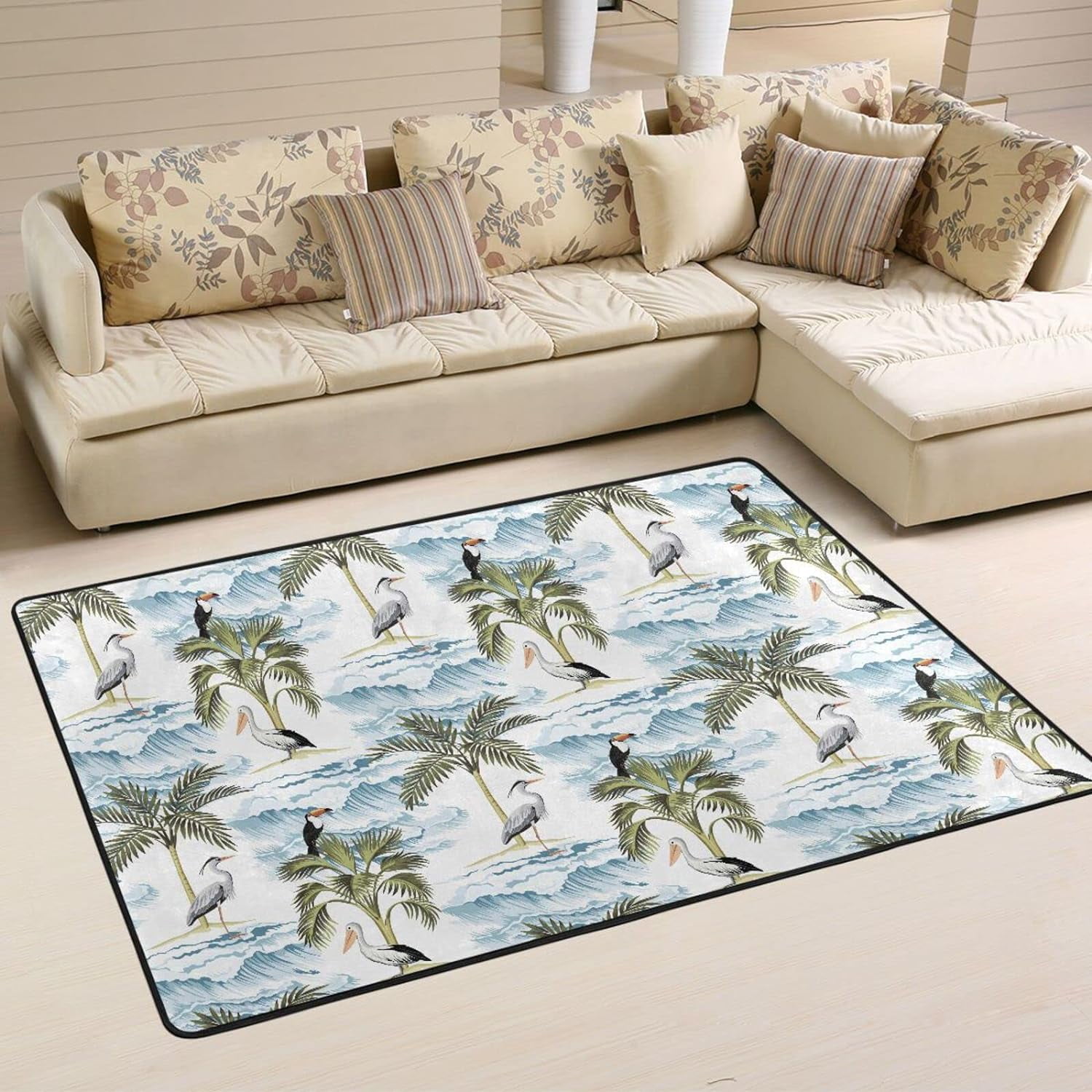 SKYSONIC 72x48in Tropical Heron Pelican Toucan Area Rug, Vintage Island ...