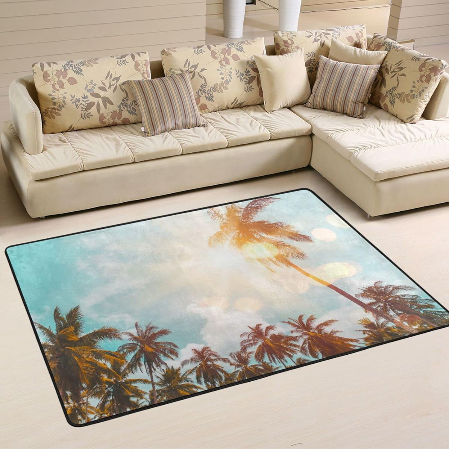 SKYSONIC 72x48in Tropical Palm Tree Area Rug, Sunset Sky Cloud Non-Slip ...