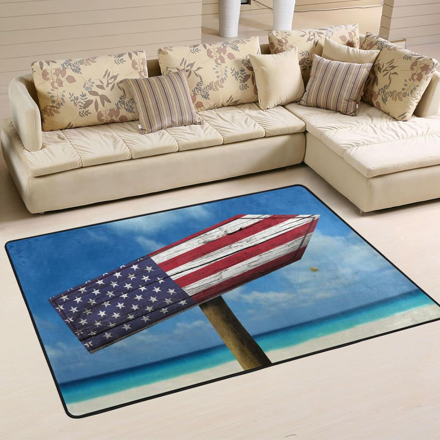 SKYSONIC 72x48in USA Flag Wooden Sign Area Rug, Summer Beach Non-Slip ...