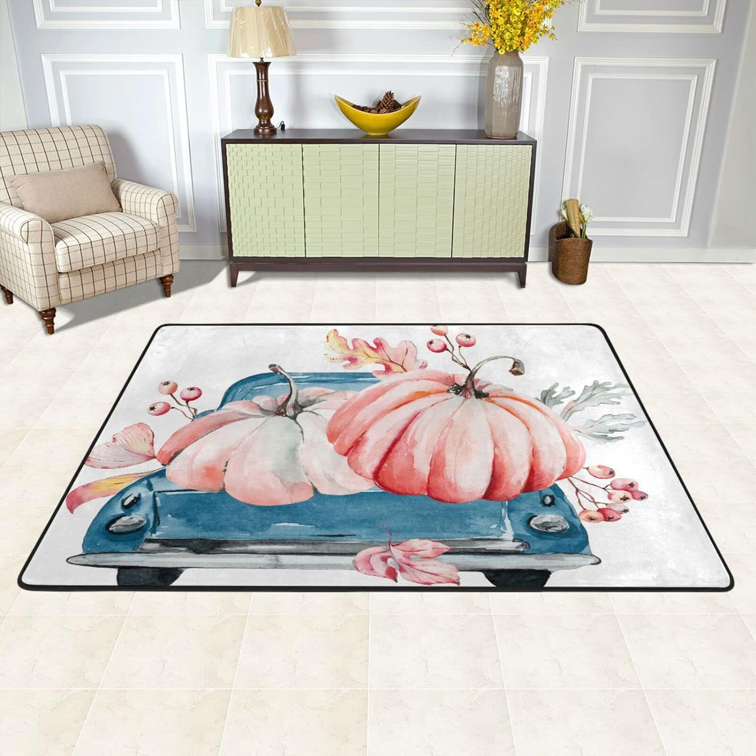 SKYSONIC 72x48in Watercolor Autumn Pumpkin Area Rug, Blue Harvest Retro ...