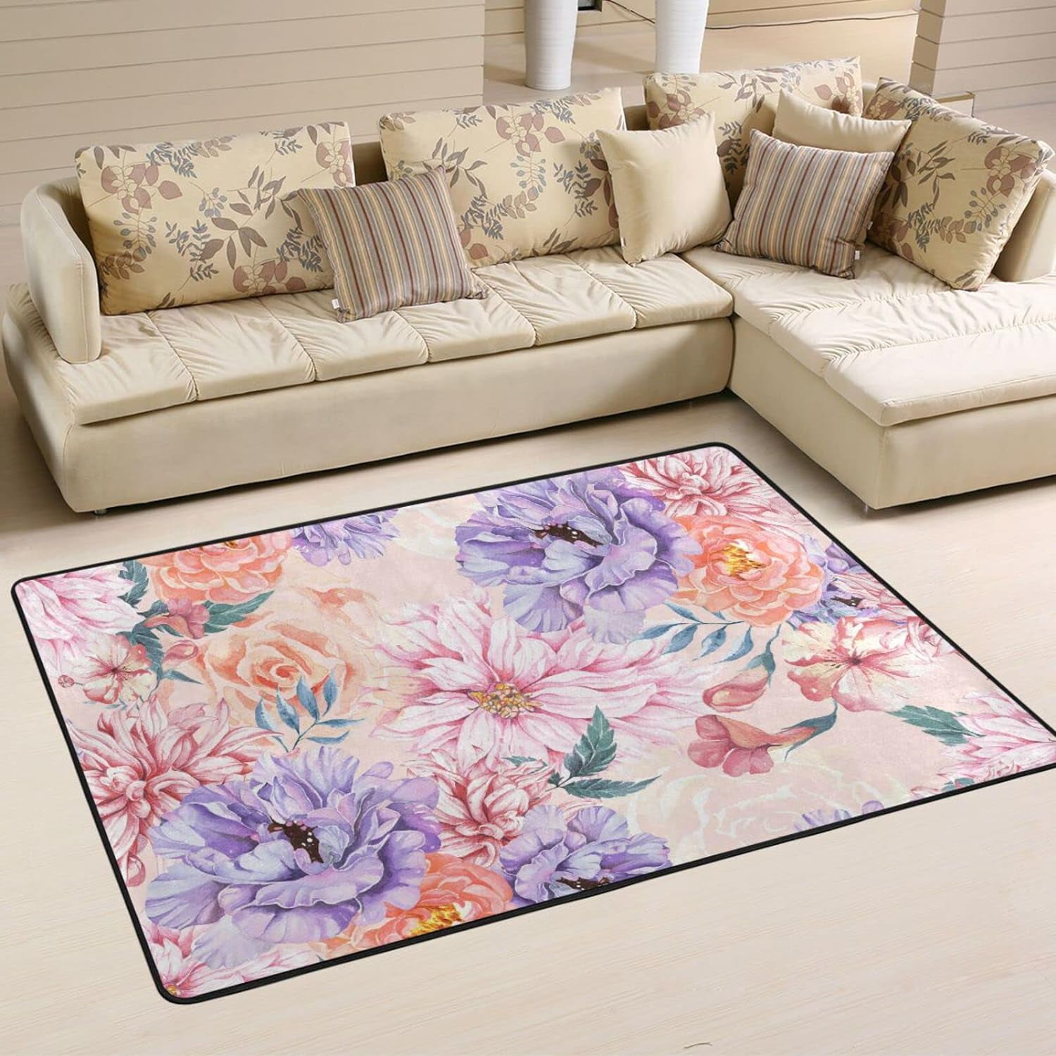 SKYSONIC 72x48in Watercolor Flowers Area Rug, Roses Peonies Leaves Non ...