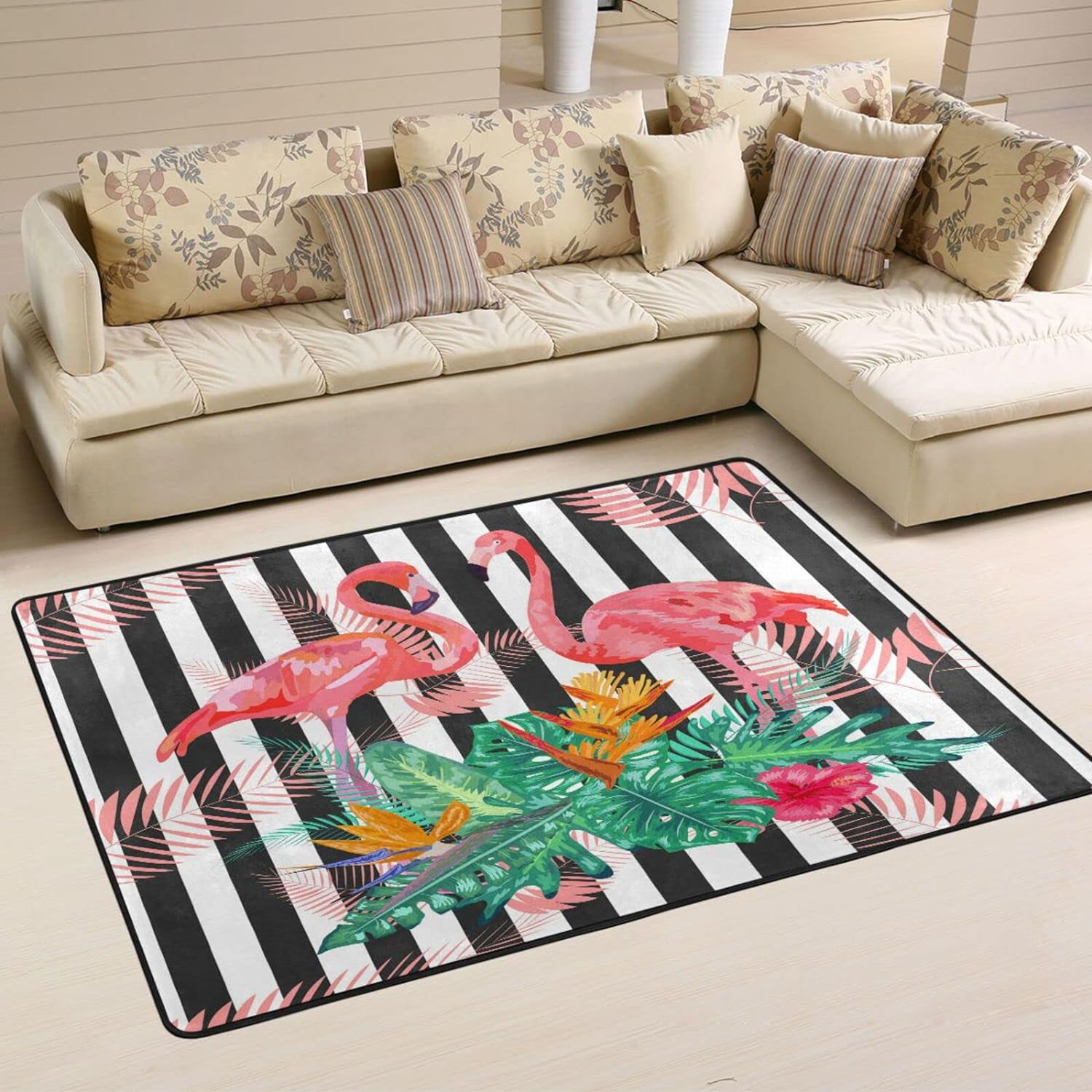 SKYSONIC 72x48in Watercolor Pink Flamingo Area Rug, Tropic Palm Leaves ...