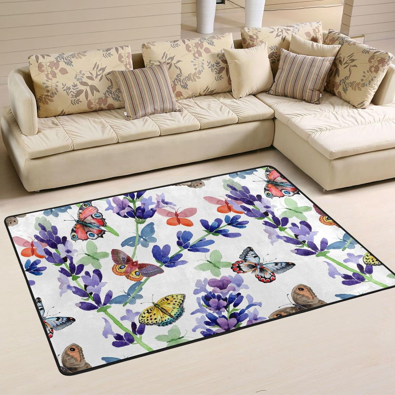 SKYSONIC 72x48in Wildflower Lavender Flower Area Rug, Watercolor Summer ...