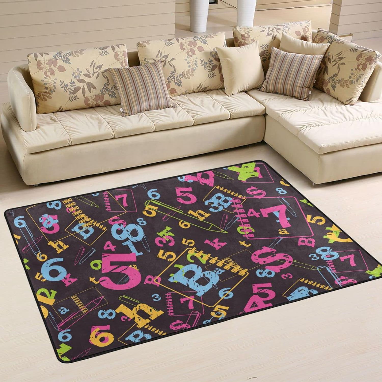 SKYSONIC 72x48in Abstract Numbers Letters Area Rug, Colorful Figures ...