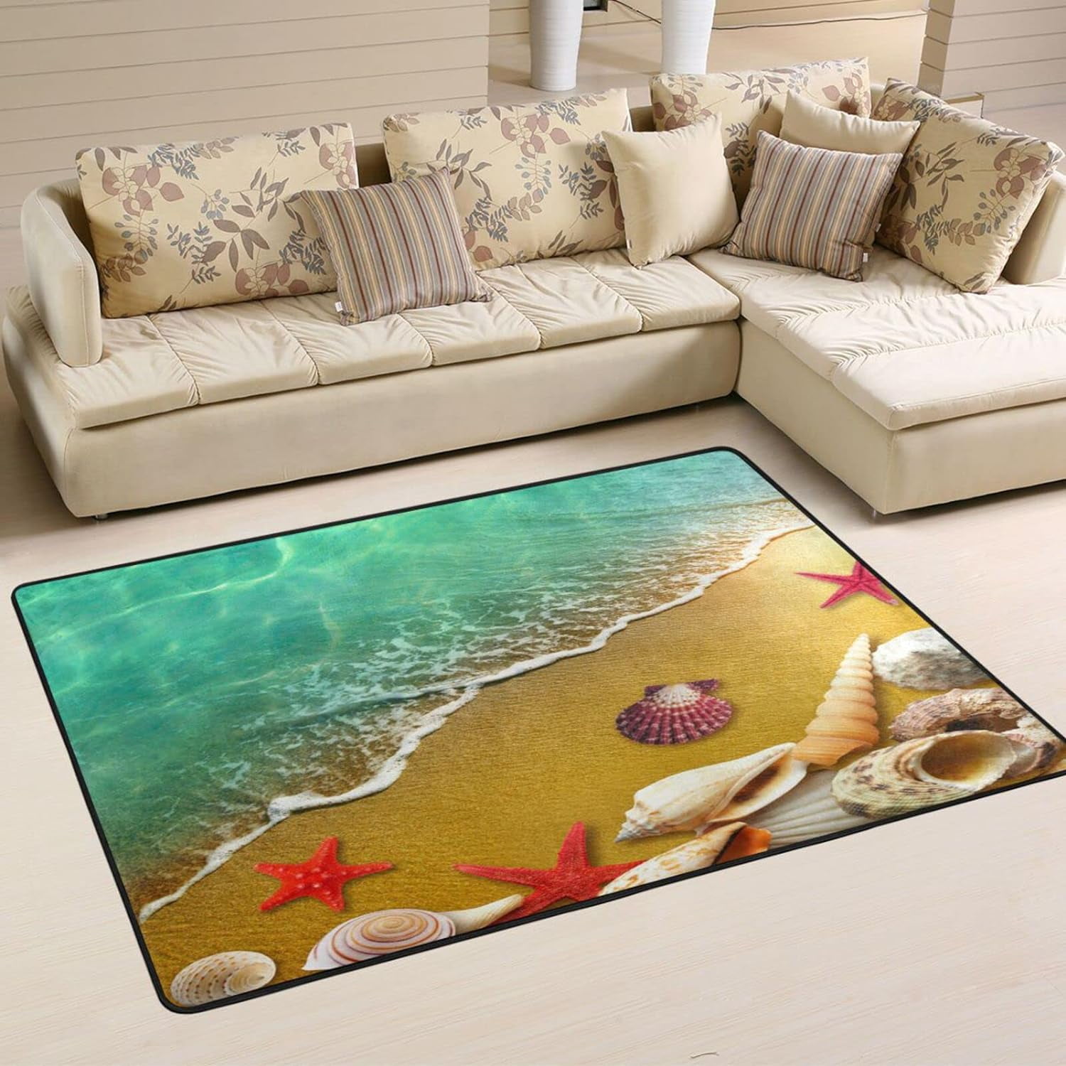 SKYSONIC 72x48in Blue Beach Sea Area Rug, Summer Seashell Starfish Non ...