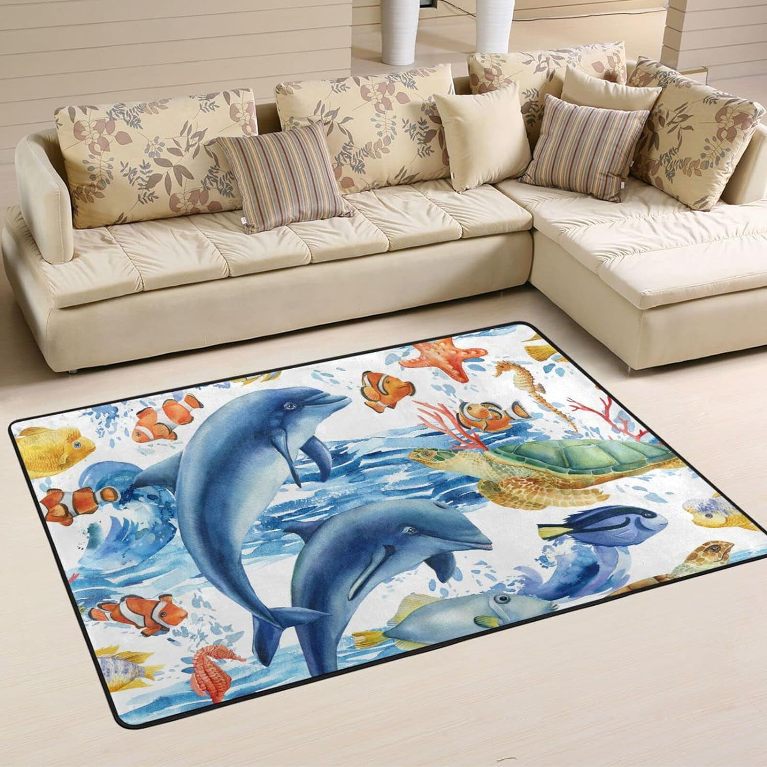 SKYSONIC 72x48in Dolphins Fish Turtles Area Rug, Marine Seahorse Beach ...